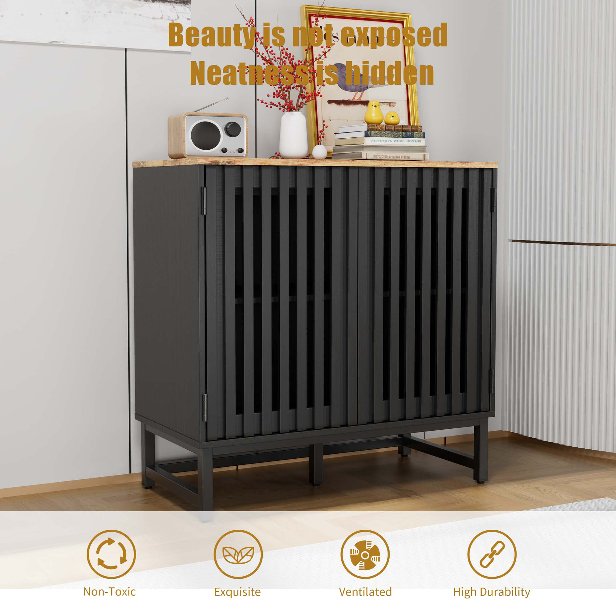 17 Stories Cabinet With Slatted Grille Striped Door, Modern Style ...