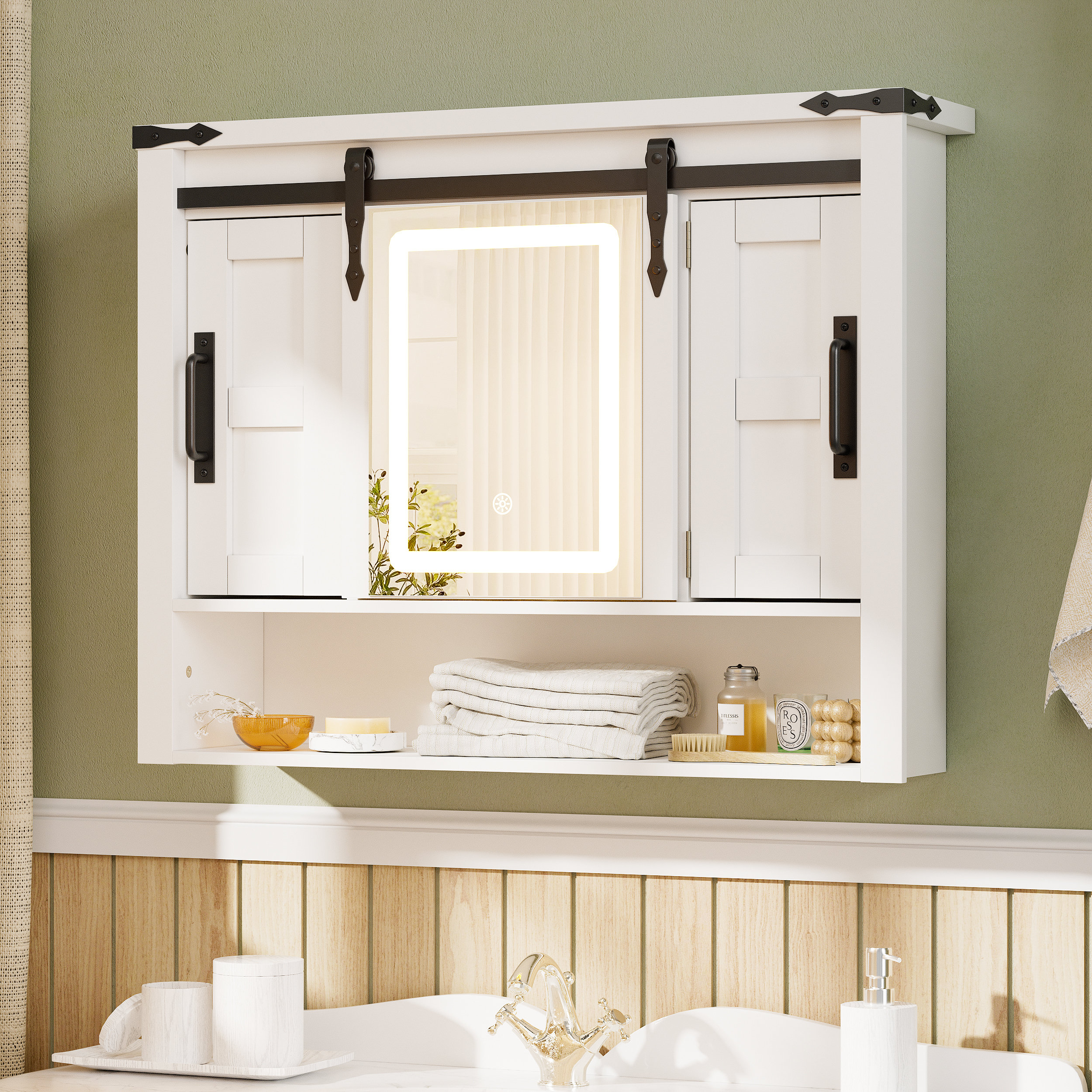 Gracie Oaks Farmhouse Vanity Medicine Cabinet With Dimmable Led Mirror Touch Control, Wall ...