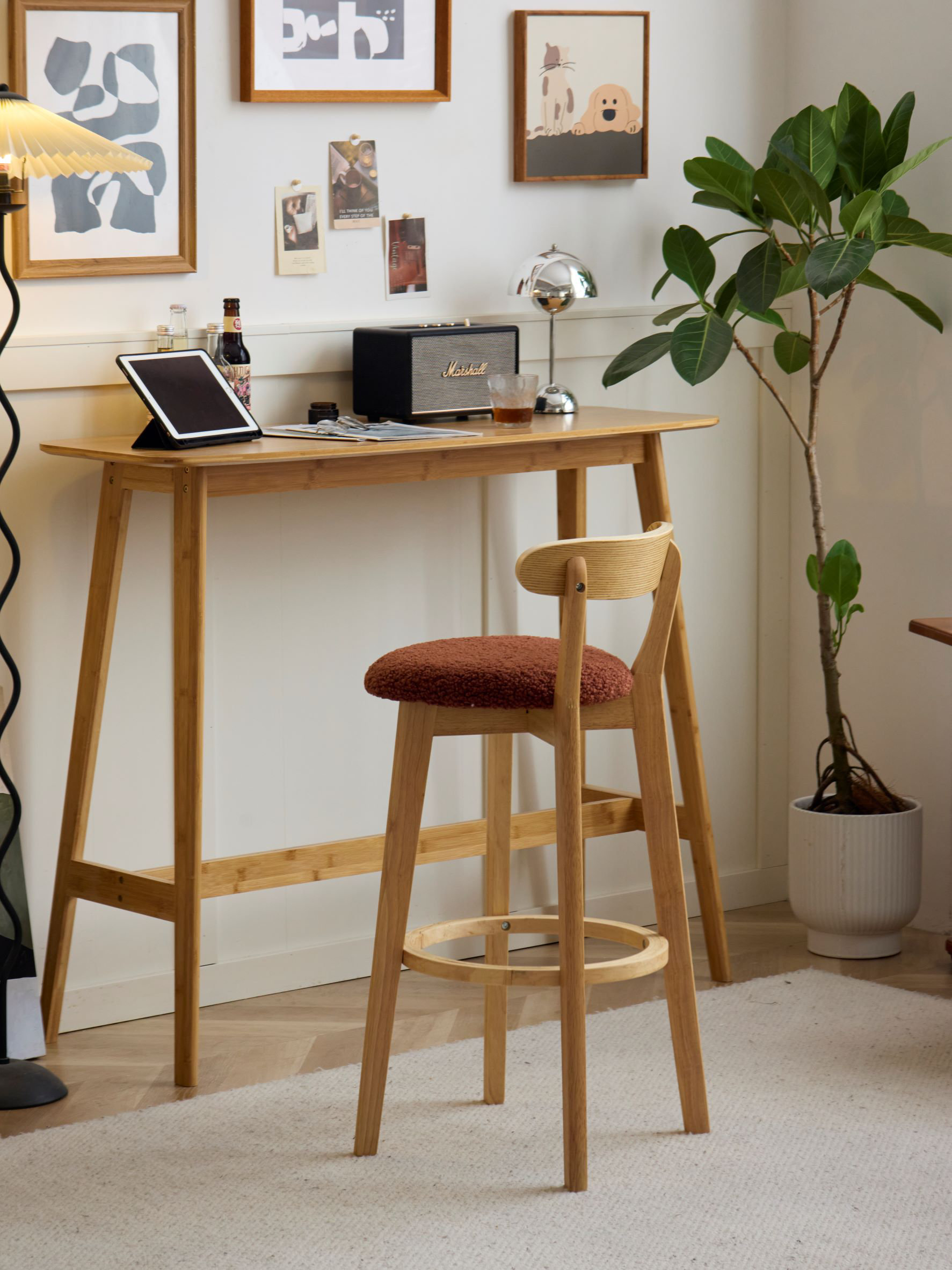George Oliver Chu Set of 2 Wood and Bouclé Bar Stools | Wayfair