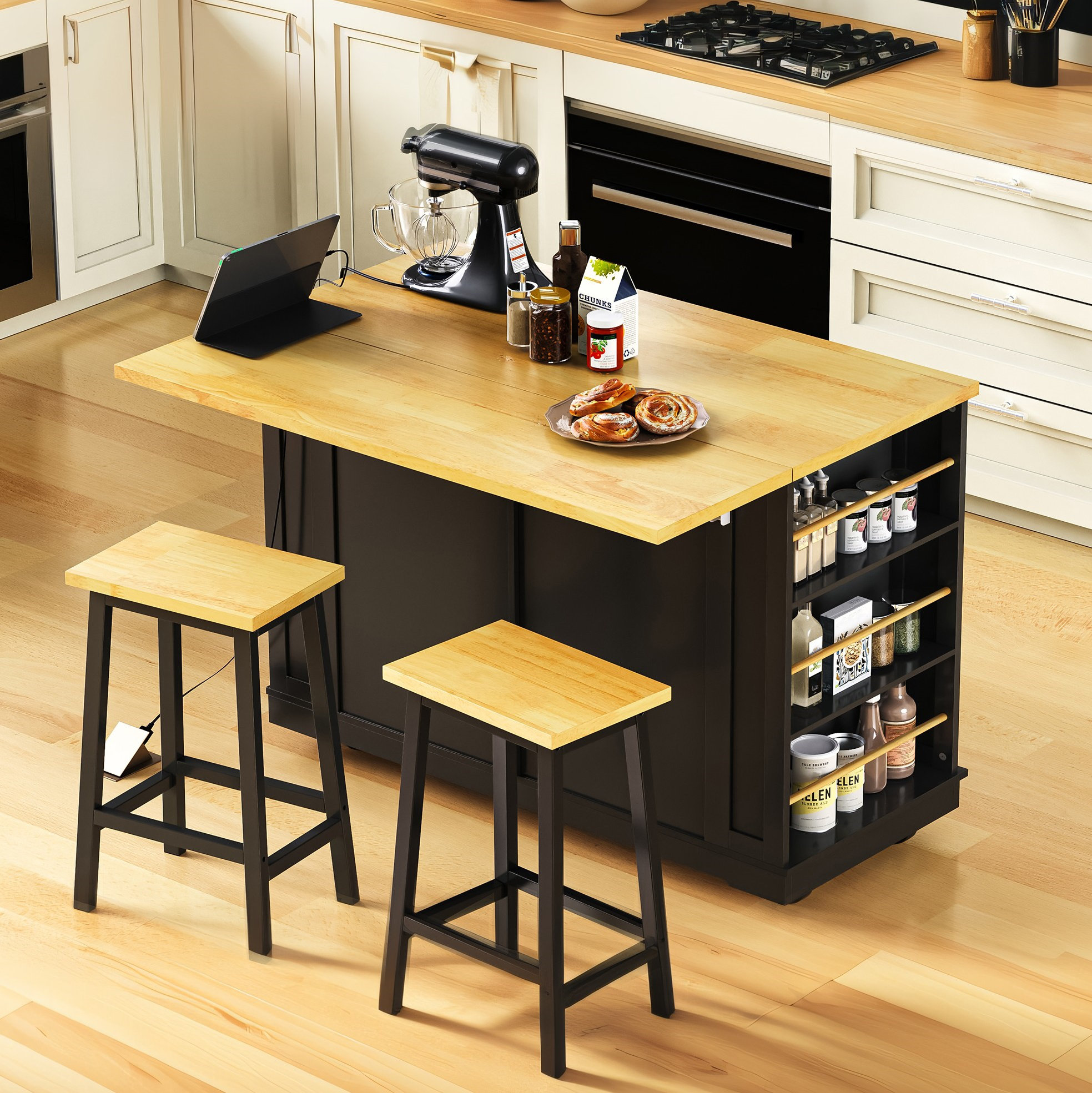 Lark Manor™ K&K 48 inch Large Kitchen Island with Drop Leaf,Power ...