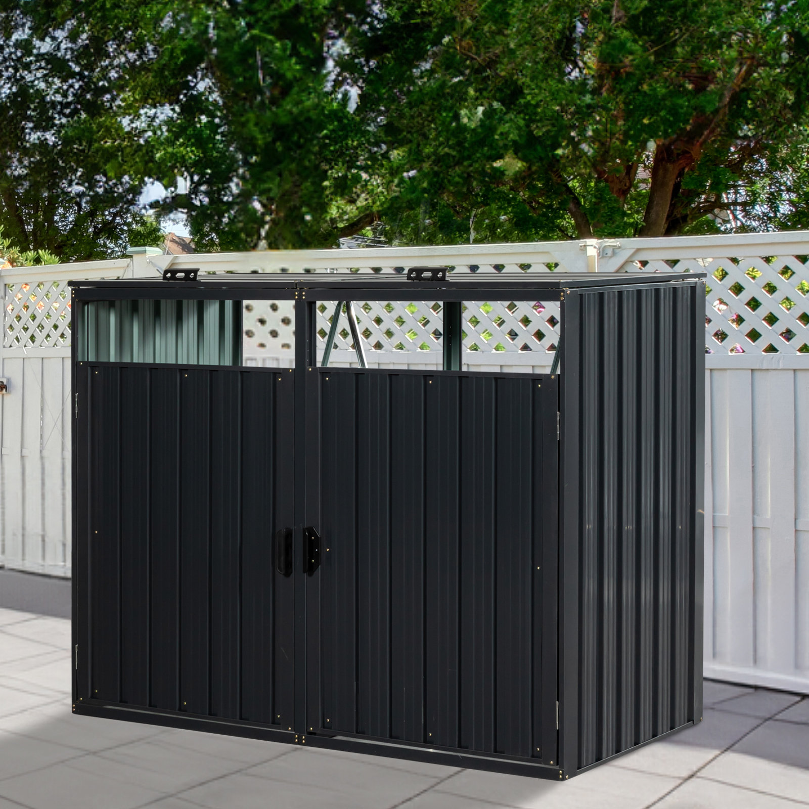 HOA.WWC Metal Outdoor Garbage Bin Shed for 2 Trash Cans Black Stainless ...