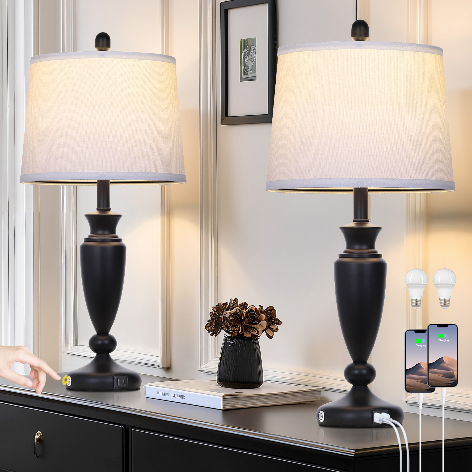 House of Hampton® Kensler 27-inch Dimmable Metal Table Lamps with Touch Control & USB Ports ...