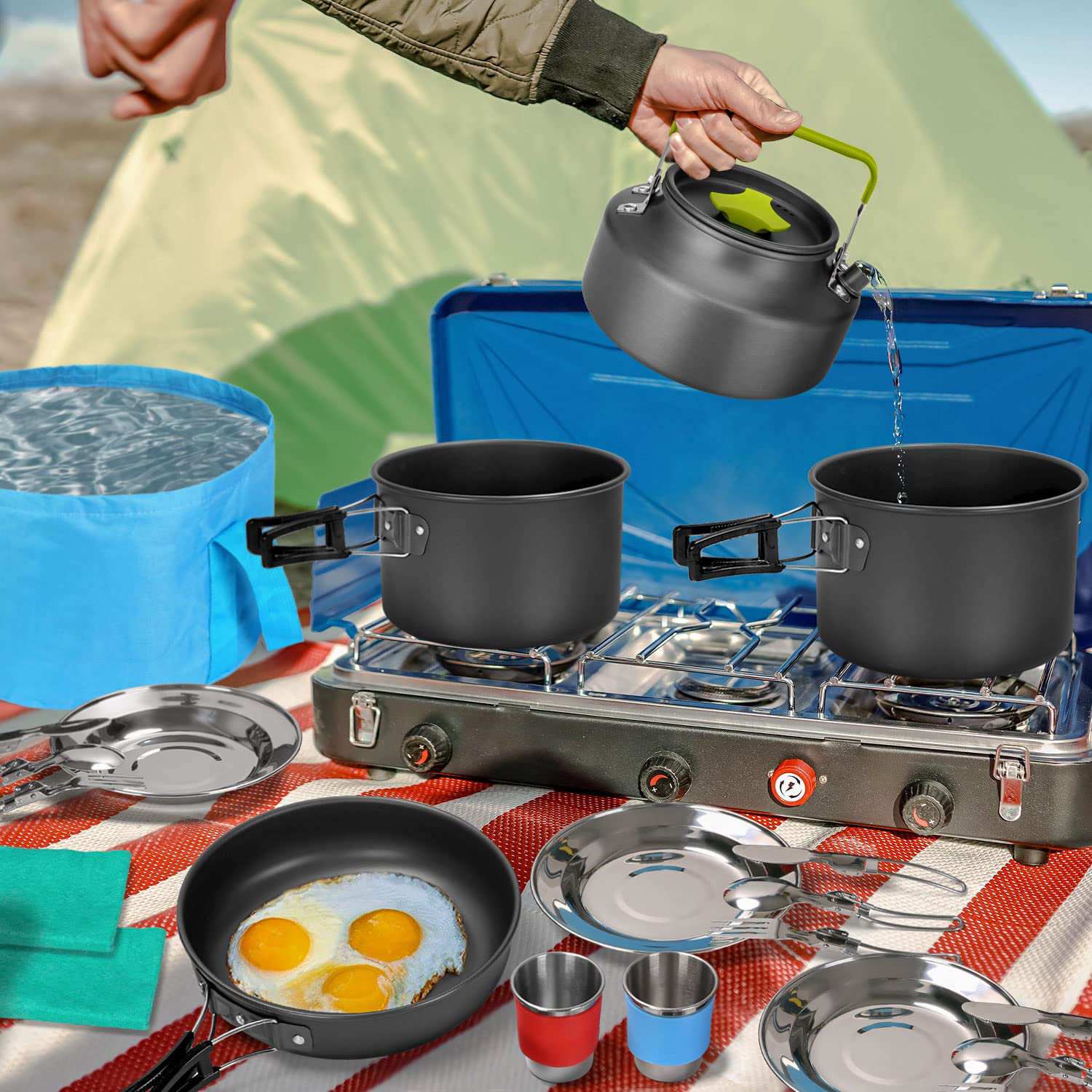 LIFETIME FLOORING LLC 29Pcs Camping Cookware Mess Kit, Non-Stick ...
