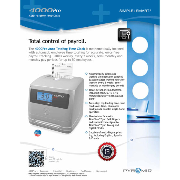Pyramid 4000 Pro Auto Totaling Time Clock | Wayfair