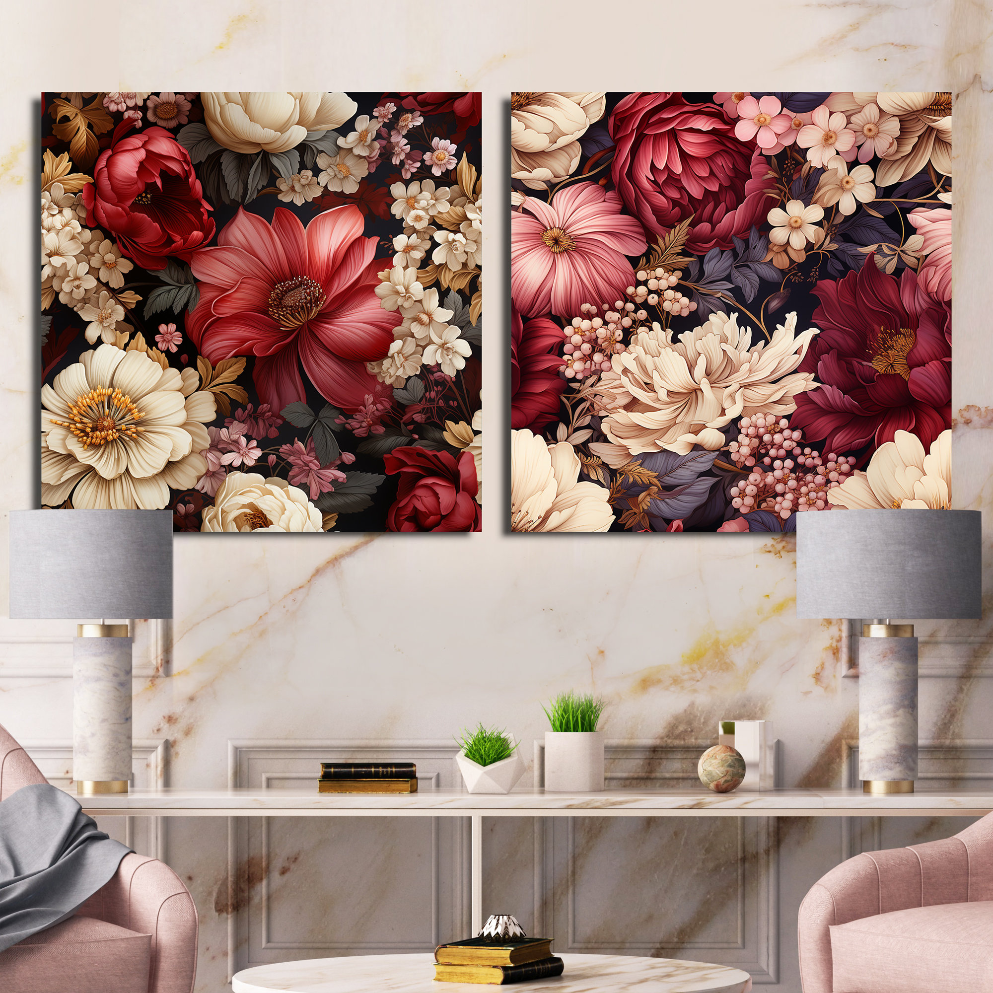 Design Art Victorian Royal Burgundy Peonies - Floral Square Collage Set ...