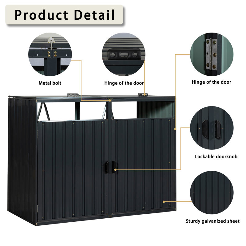 iYofe 63"L Outdoor Garbage Bin Storage Shed, Galvanized Steel, Lockable ...