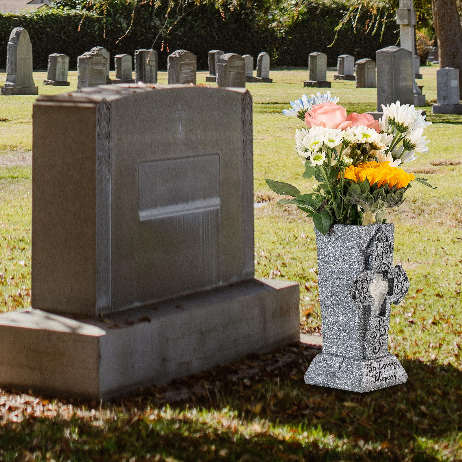 Alcott Hill® Solar Cemetery Vase With LED For Fresh/Artificial Flowers Grave Flower Cross Vase ...