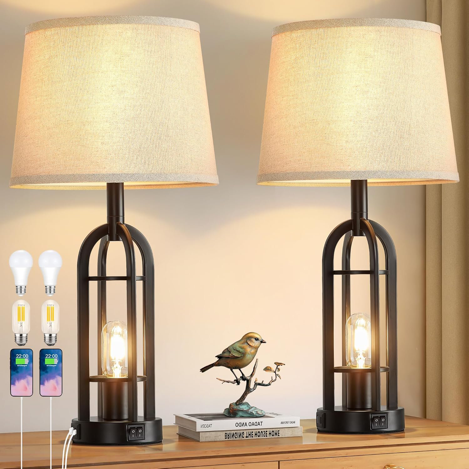 Latitude Run® Farmhouse Table Lamps Set Of 2 With USB Charging Ports ...
