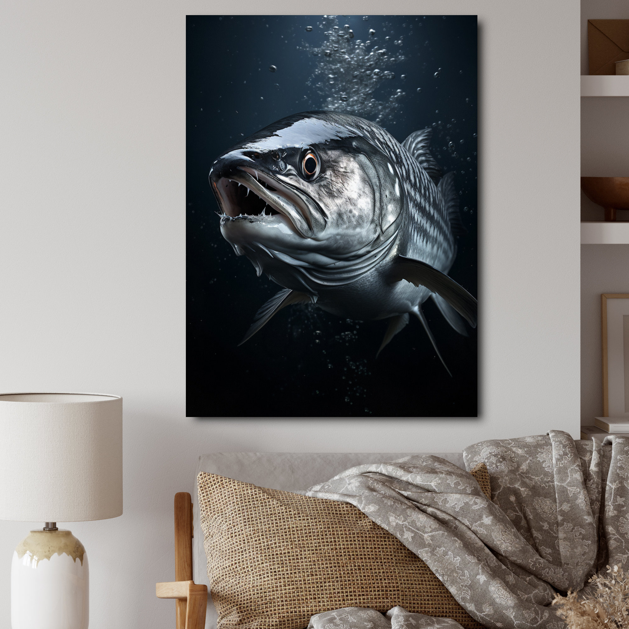 Rosecliff Heights Izaiyah Fishing Monochrome Mackerel II On Canvas ...