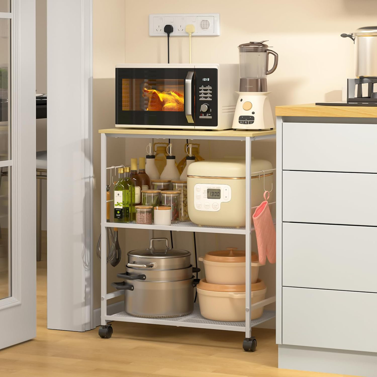Ebern Designs White 3-tier Rolling Microwave Cart With Storage | Wayfair