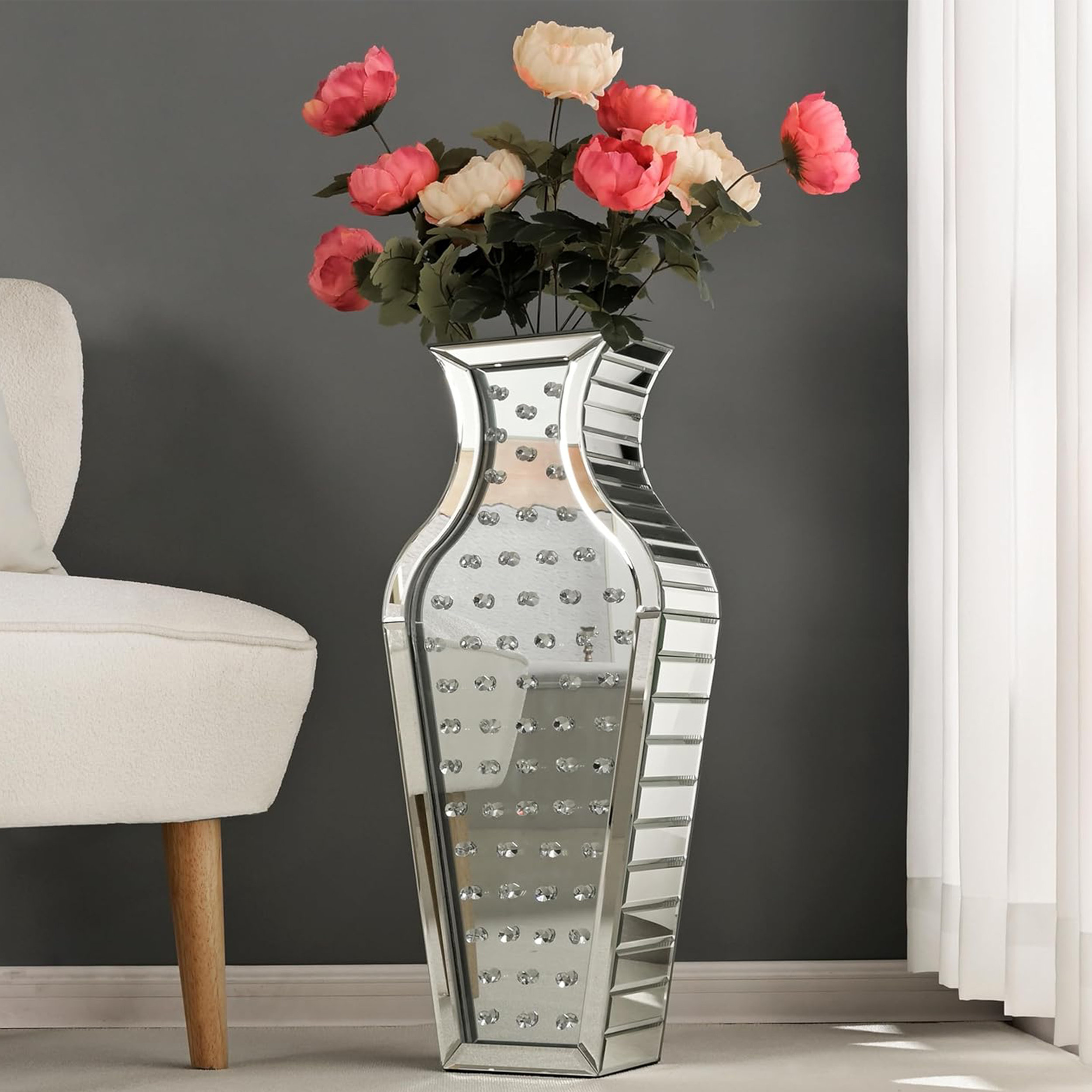 Mercer41 Tall Mirrored Crystal Floor Vase 28 inch High, Silver ...