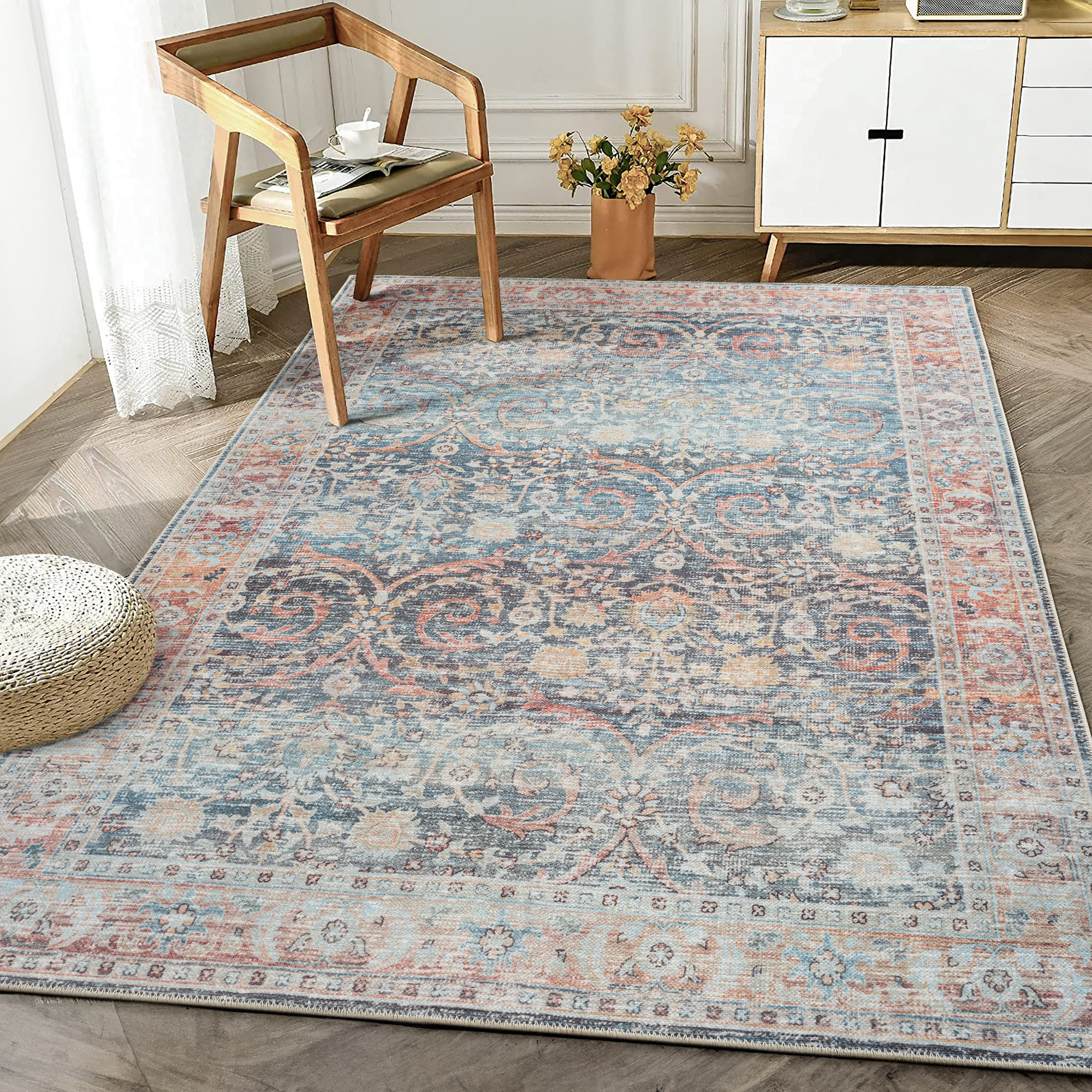 Williston Forge Washable Non-Slip Traditional Rug - Ocean Blue / Brick ...