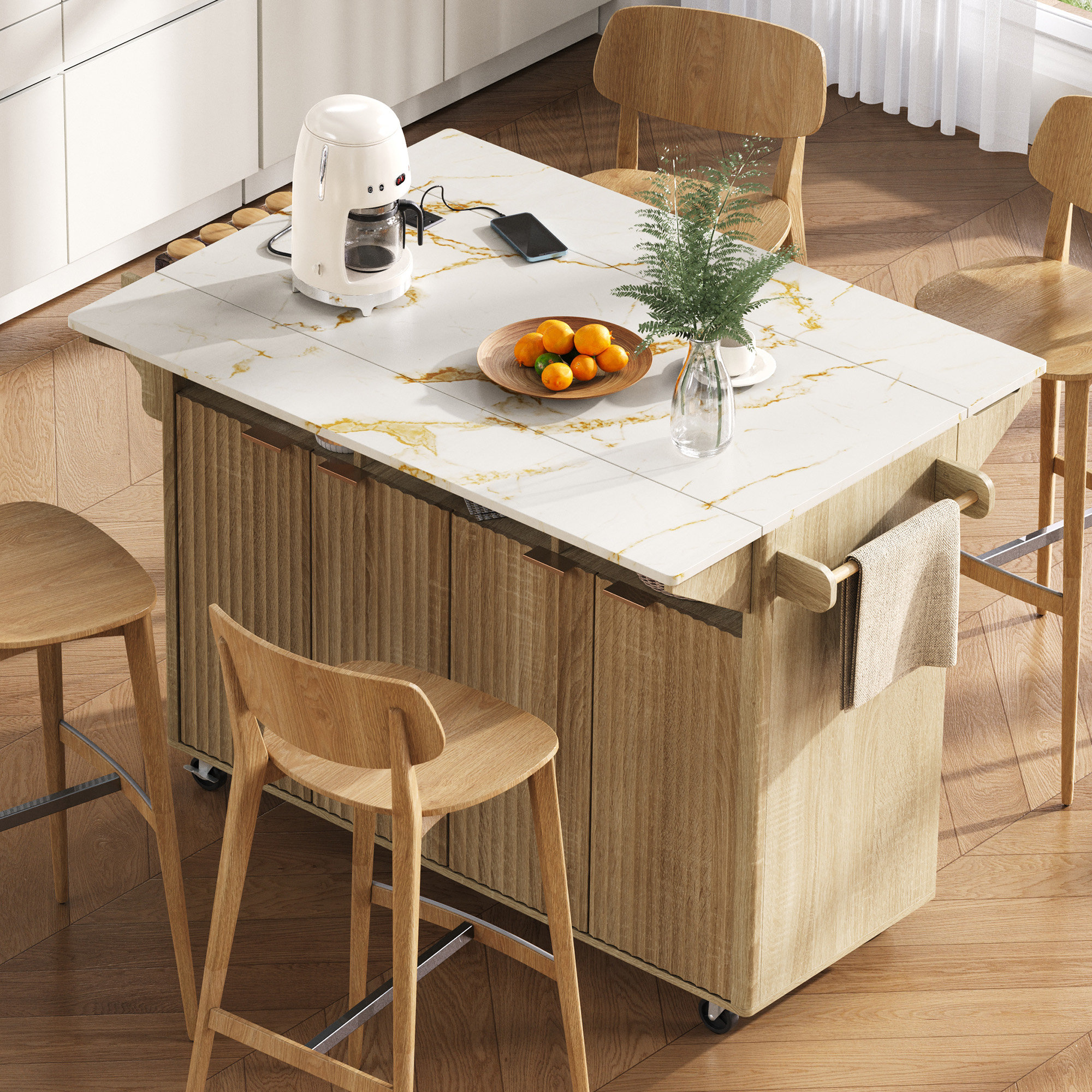 Latitude Run® Velis 55.5" Fluted Kitchen Island With Drop Leaf, Rolling ...