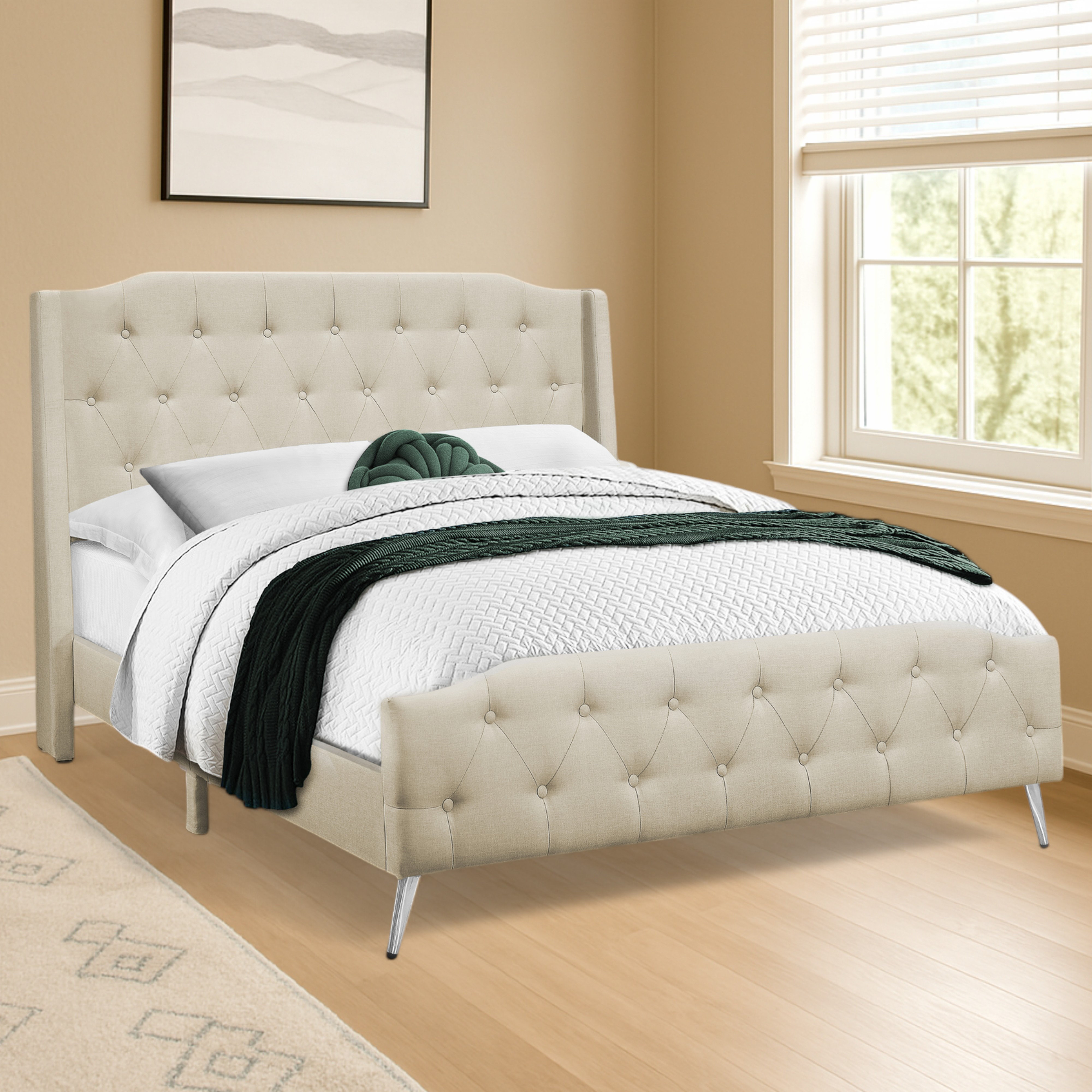 Ivy Bronx Kevin Queen Size Bed with Upholstered Covers, Beige Linen ...
