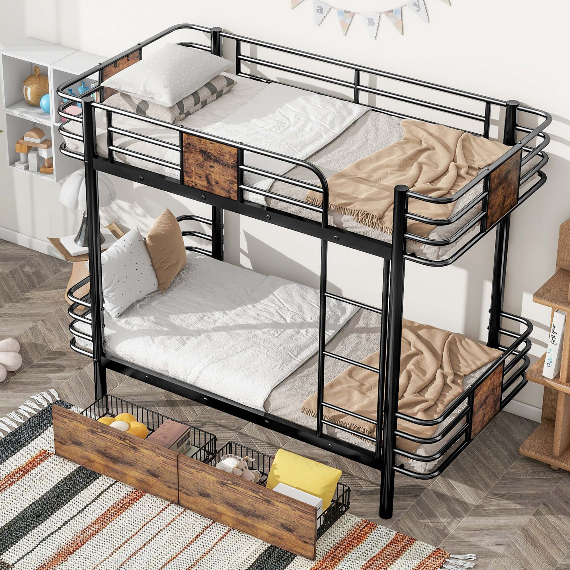 Latitude Run® Metal Bunk Bed With MDF Board Guardrail And Two Storage ...