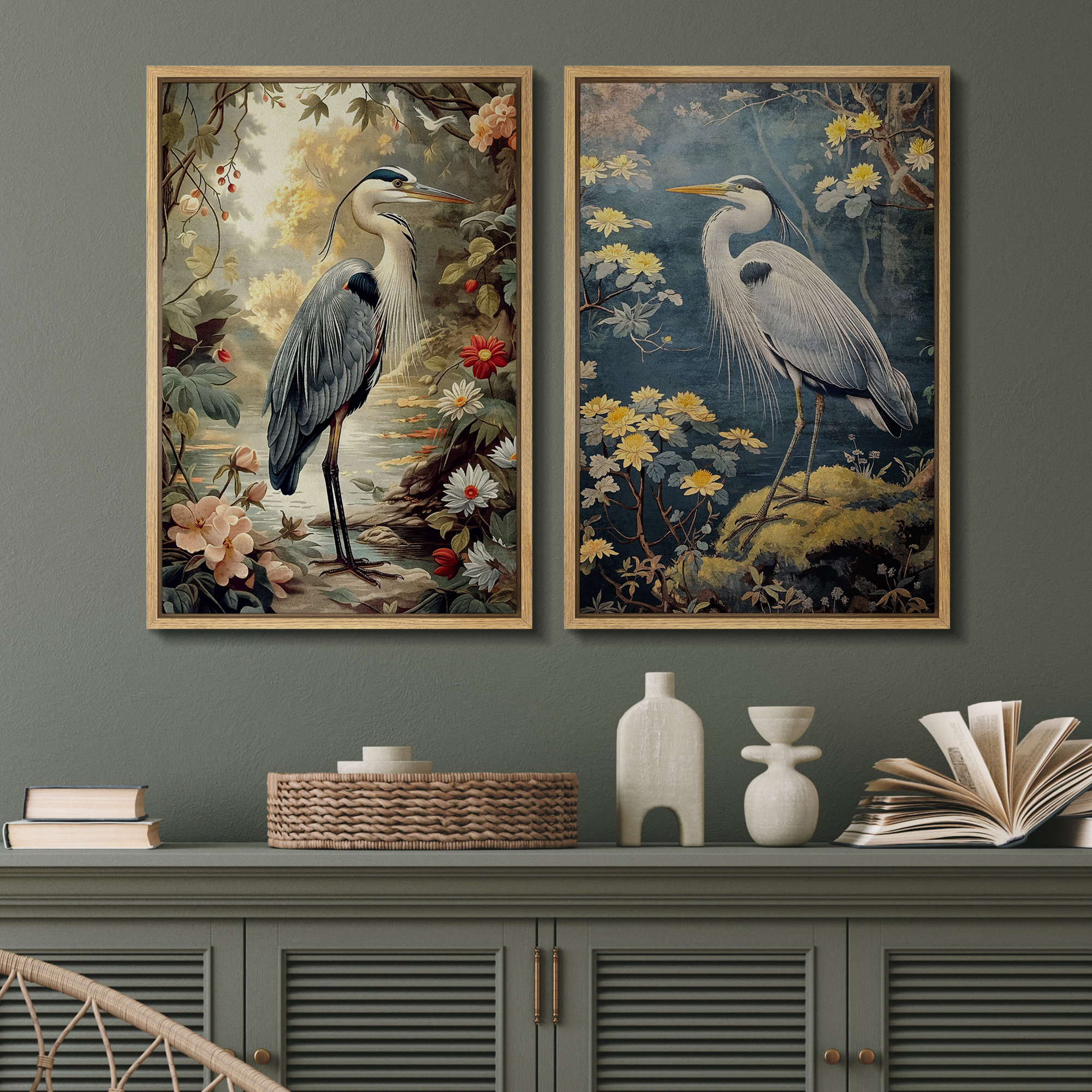 IDEA4WALL Vintage Heron Garden Canvas Wall Art Set, Nature-Inspired ...
