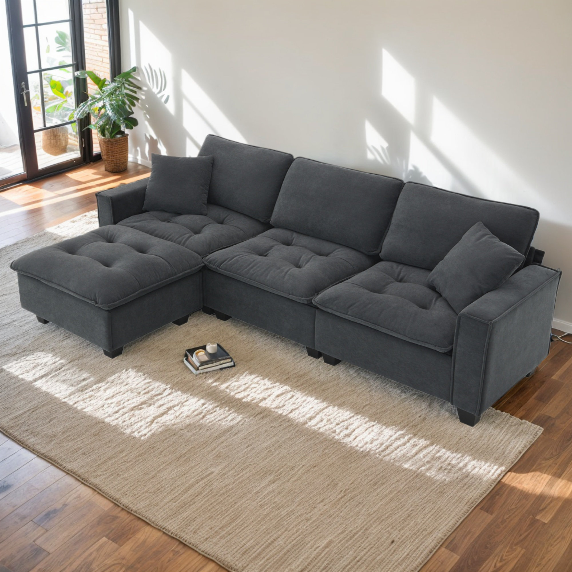 Mercer41 Modern L-Shaped 4-Seat Sofa Sectional Suede Velvet Fabric Sofa ...