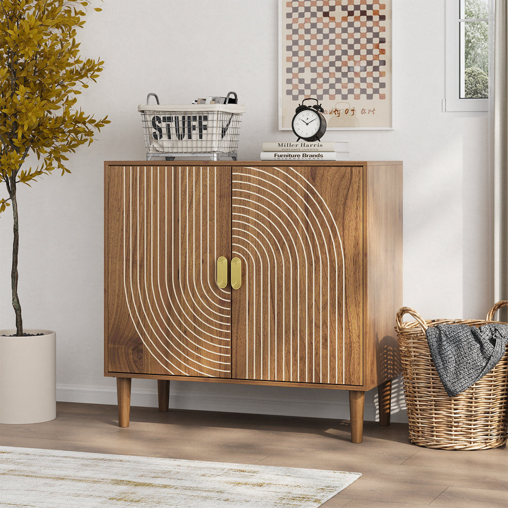 Latitude Run® Walnut Wood Buffet Cabinet with Line Groove Design ...