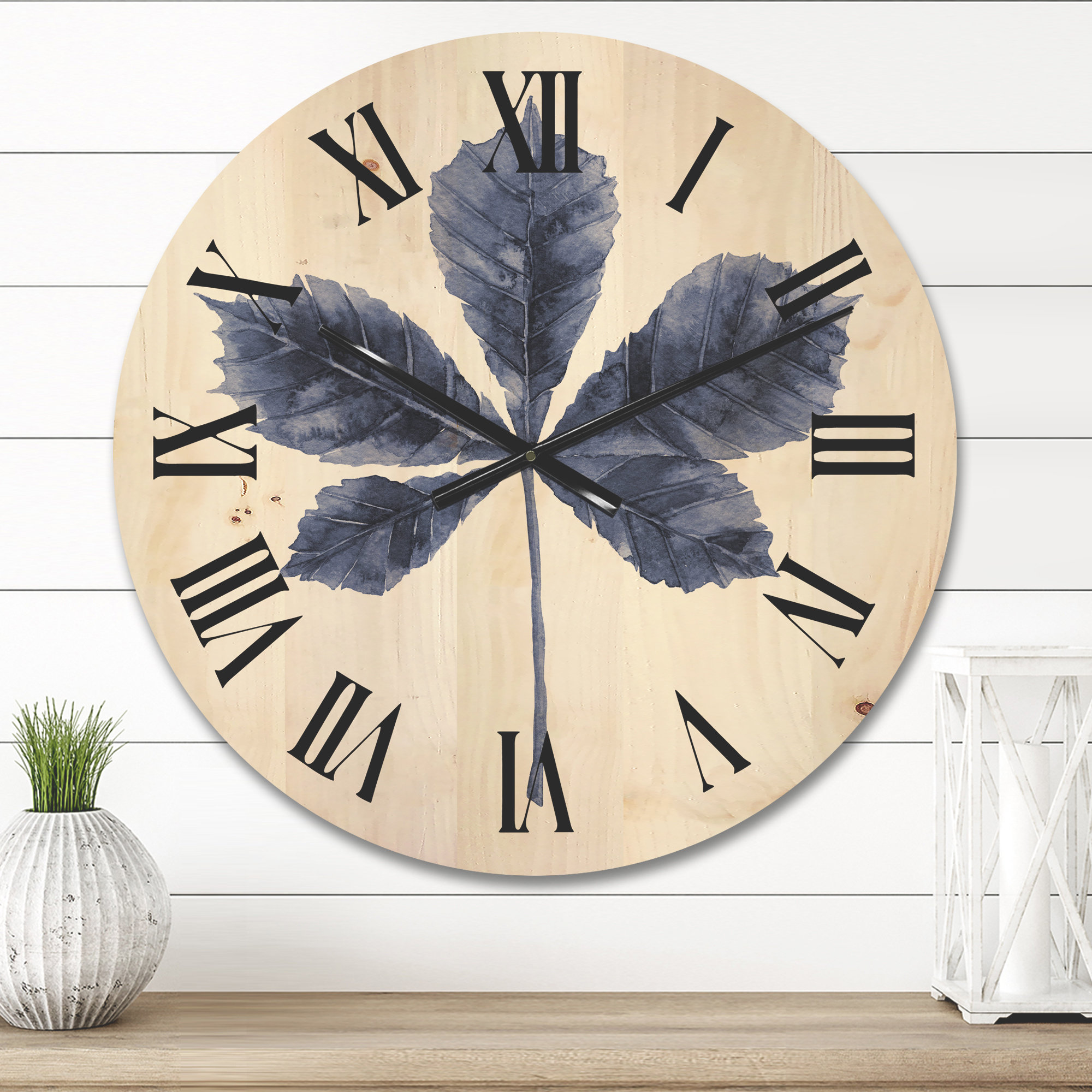 East Urban Home Navy Blue Chestnut Leaf - Traditional Wood Wall Clock ...