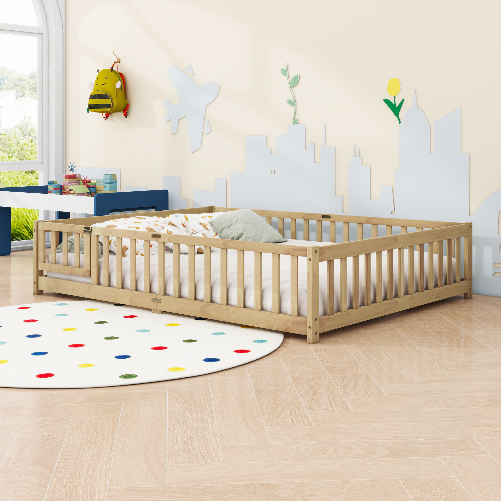 Harriet Bee Queen Size Floor Bed With Guardrails And Slats | Wayfair