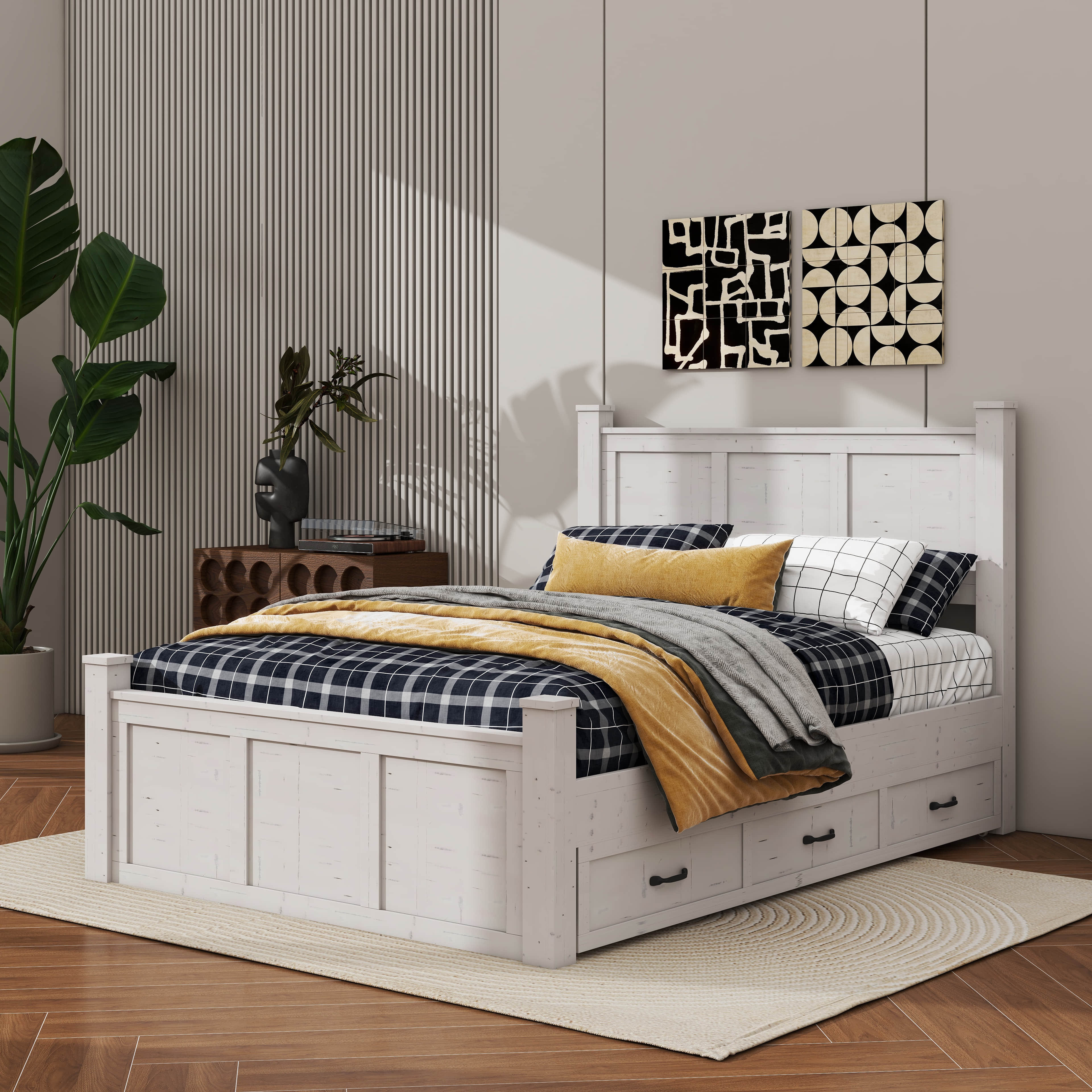 August Grove® Rustic Farmhouse-Inspired Wood Panel Bed Frame With Four Square Posts With Three ...