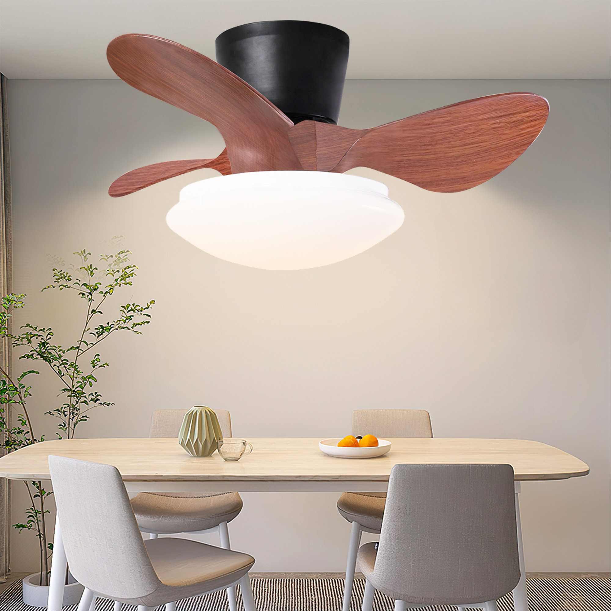 Ivy Bronx 24'' Walnut Small Ceiling Fan With Lights And Remote LED 18W ...