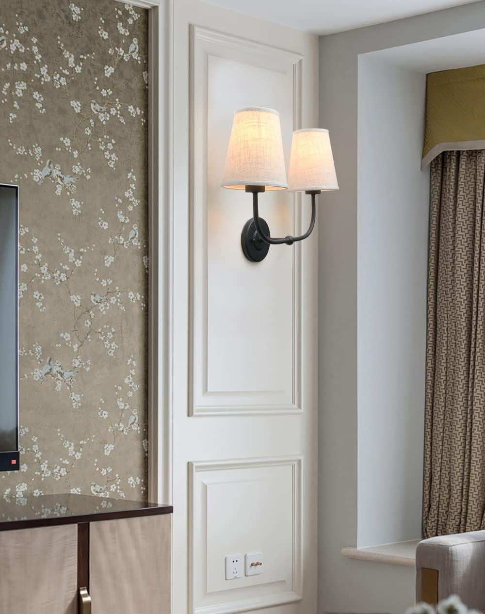 Orren Ellis Vintage Double Sconce Wall Light With Flared Linen Shade ...