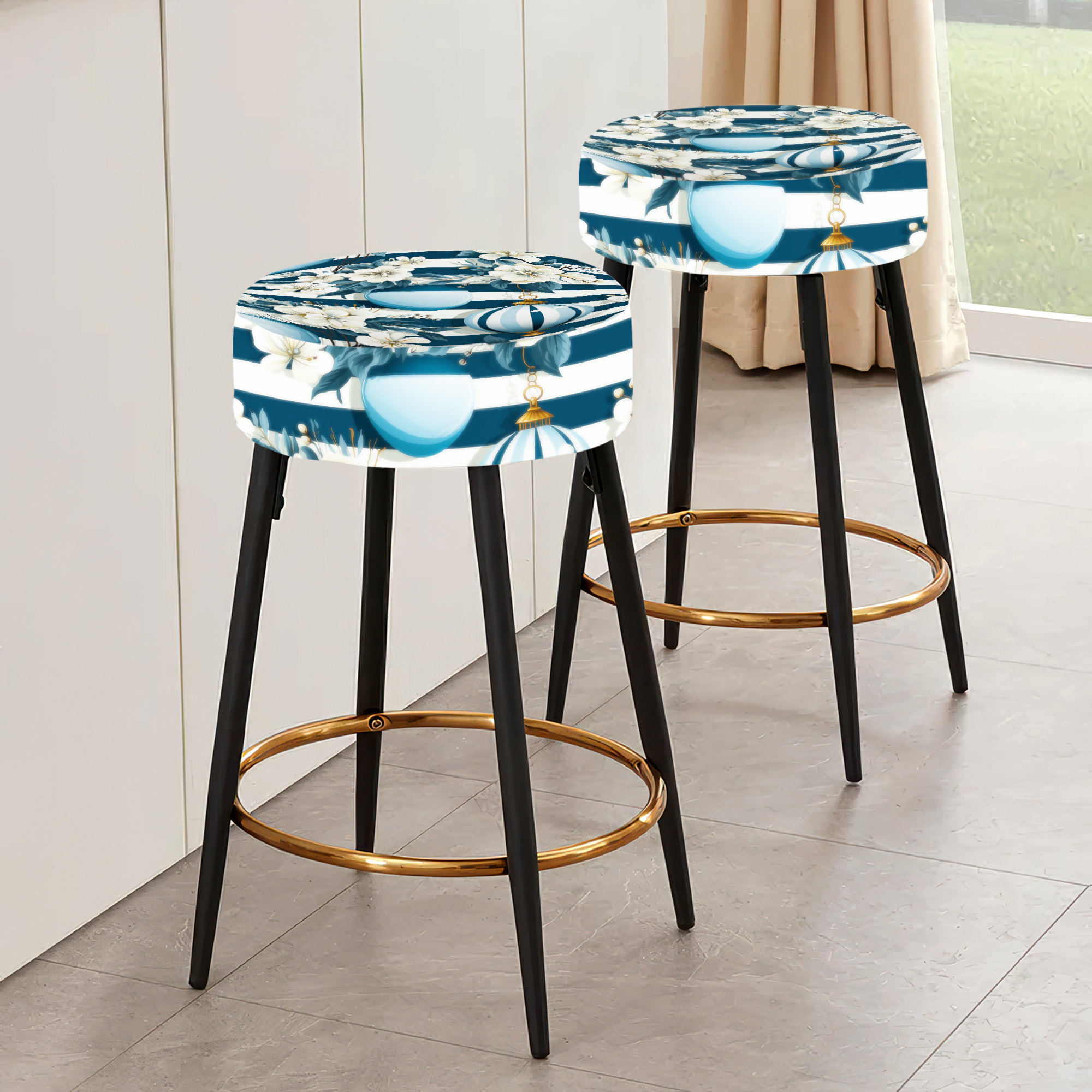 Design Art Nautical Charm Striped Floral Pattern - Striped Bar Stools ...