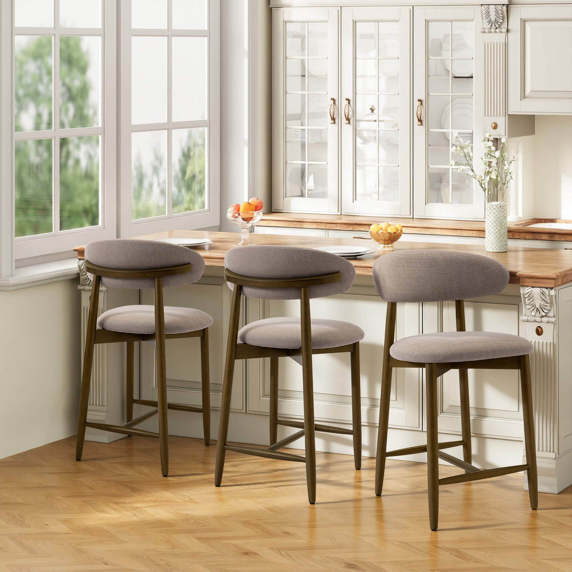 George Oliver 25'' Upholstered Counter Stool with Curved Back and Solid ...