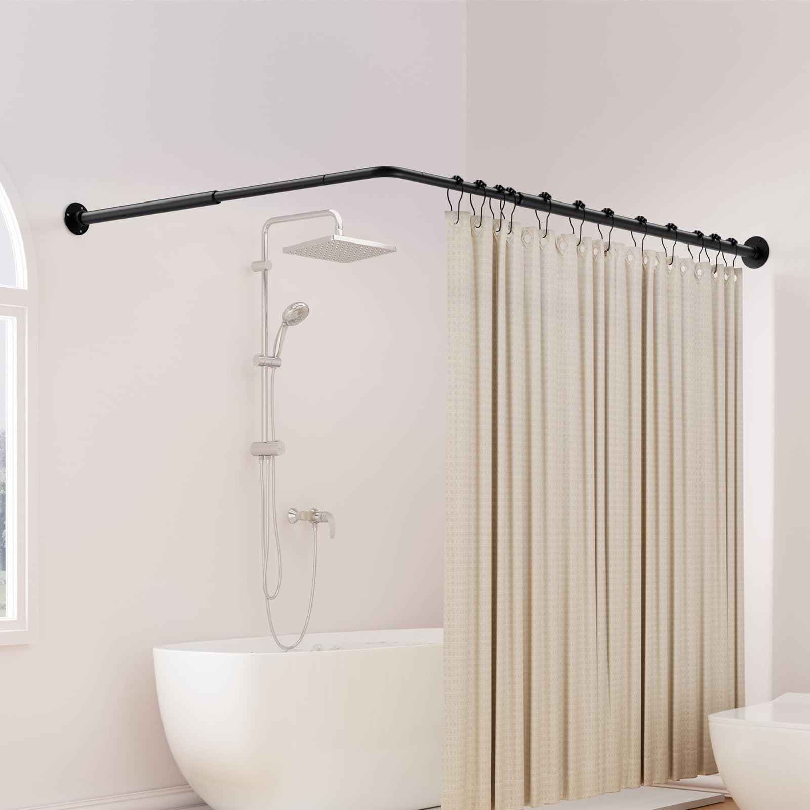 XMVJHOME Matte Black Adjustable L-Shaped Shower Rod For Corner Showers ...