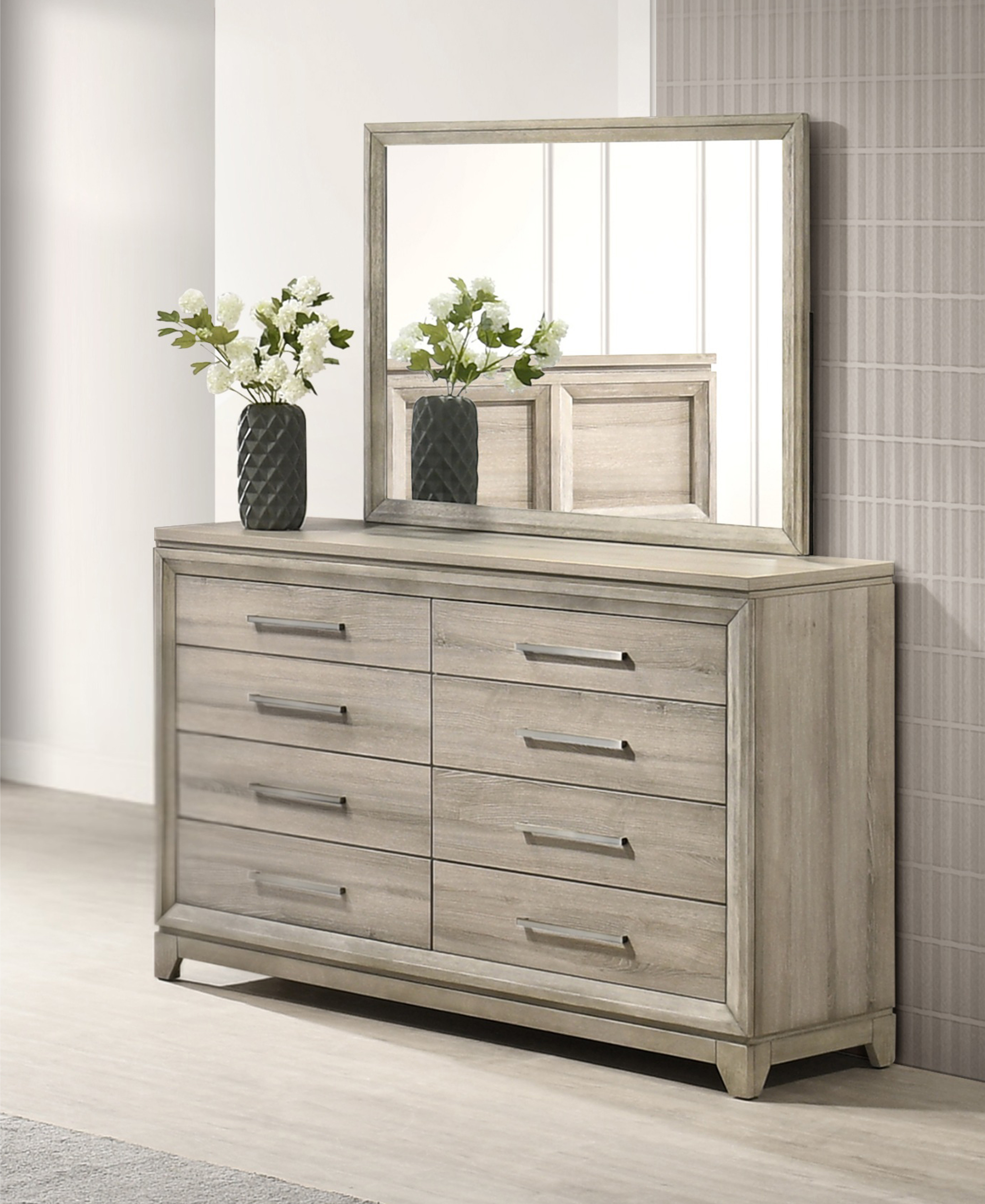 Millwood Pines Weathered Greige Wood 8 Drawer Dresser With Mirror | Wayfair