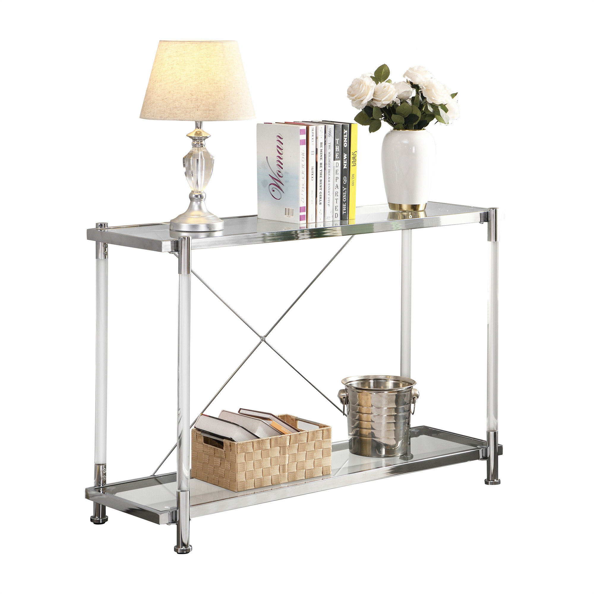 Ivy Bronx 43.31'' Chrome Glass Sofa Table, Acrylic Side Table, Console ...