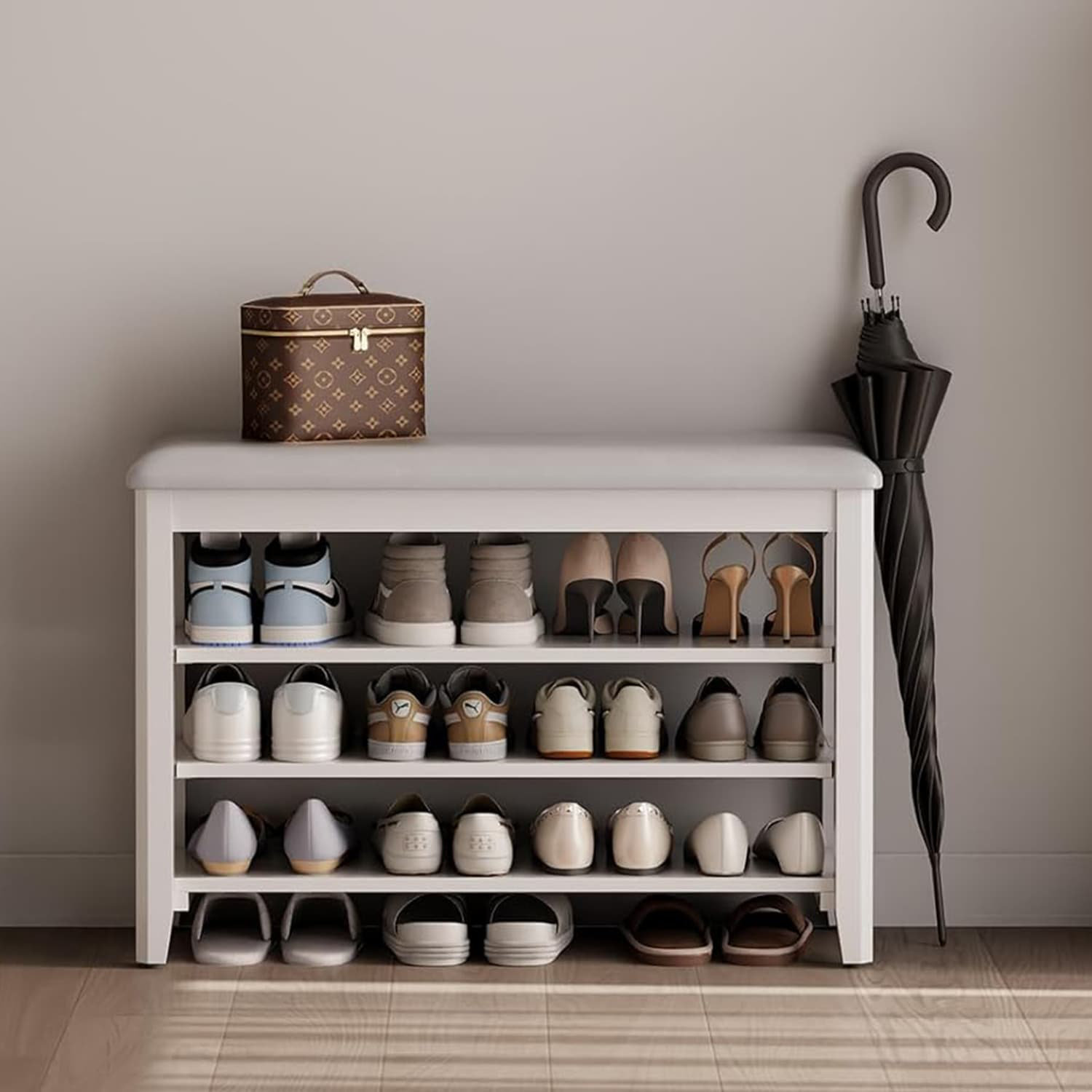 Hokku Designs Shoe Stool With Leather Cushion, 3 Layer Shoe Storage ...