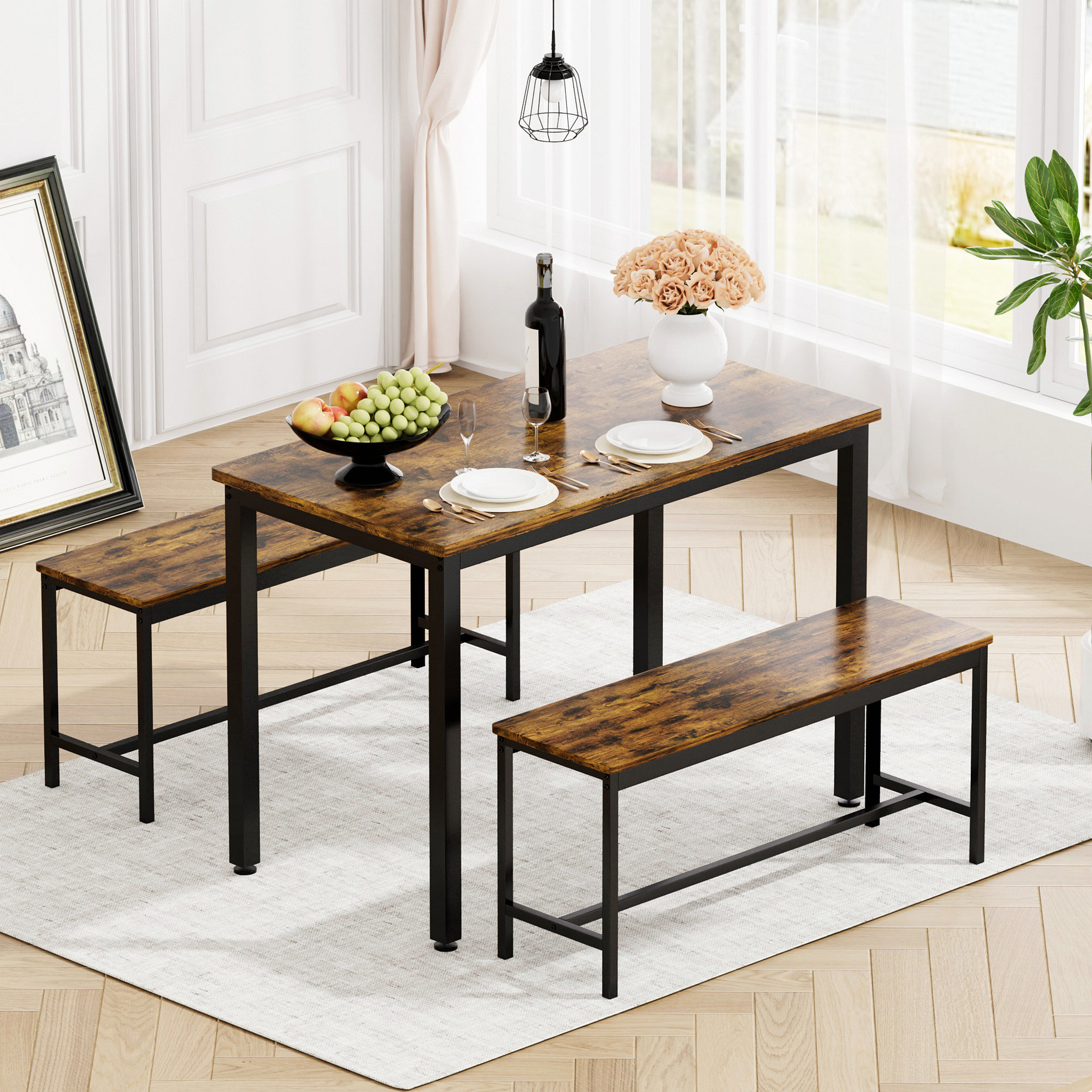Ebern Designs Dining Table Set, Bar Table With 2 Dining Benches ...