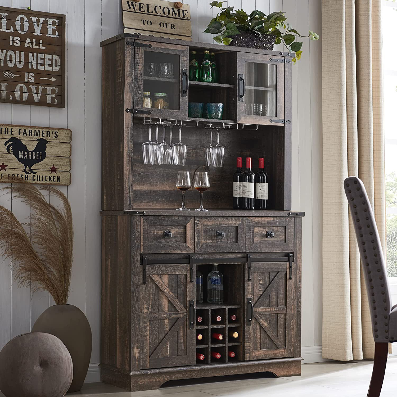 Gracie Oaks Armoire-bar à vin 72 po avec buffet Kymbella Farmhouse et ...