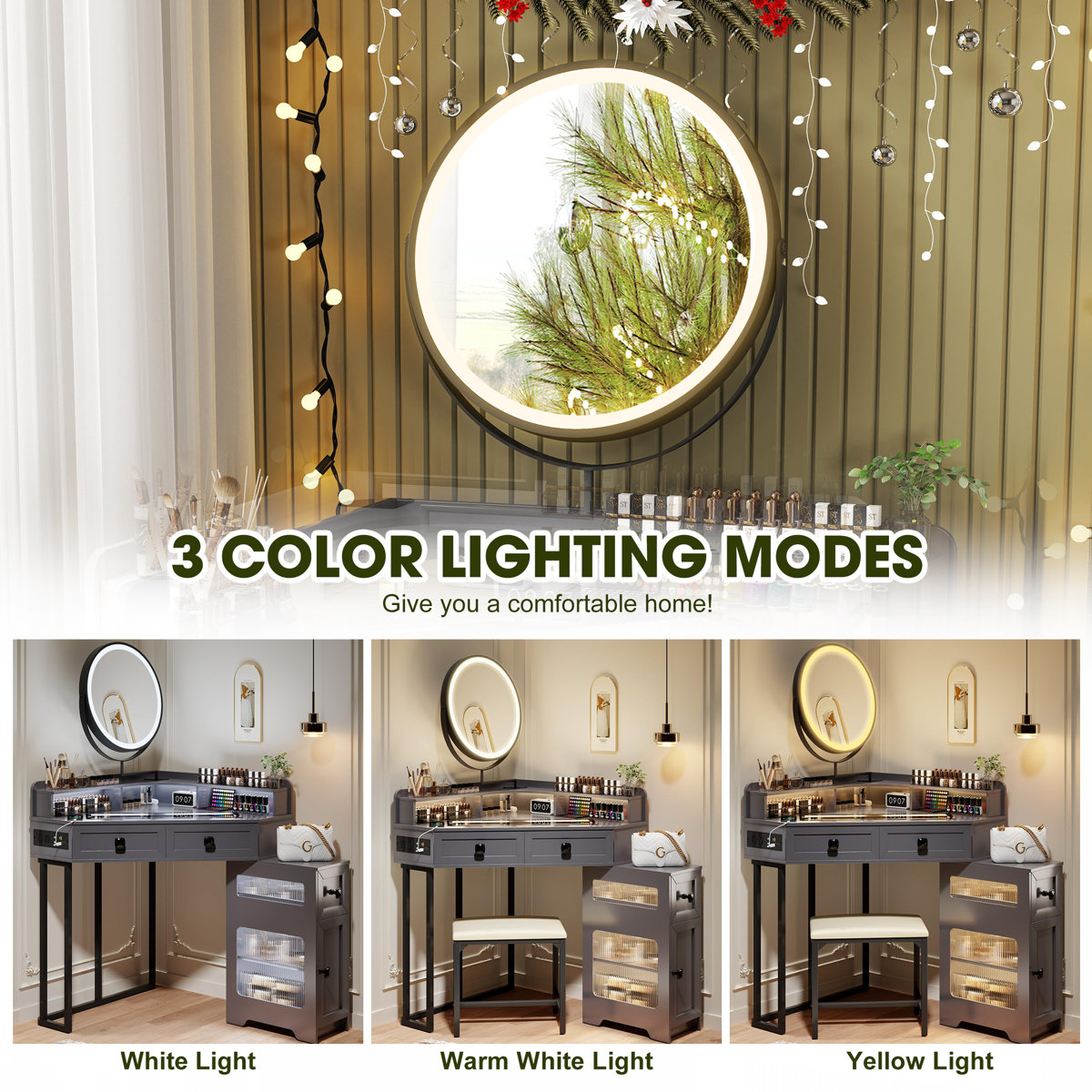 17 Stories Corner Vanity Desk with Mirror, LED Lights, Drawers & Outlet ...