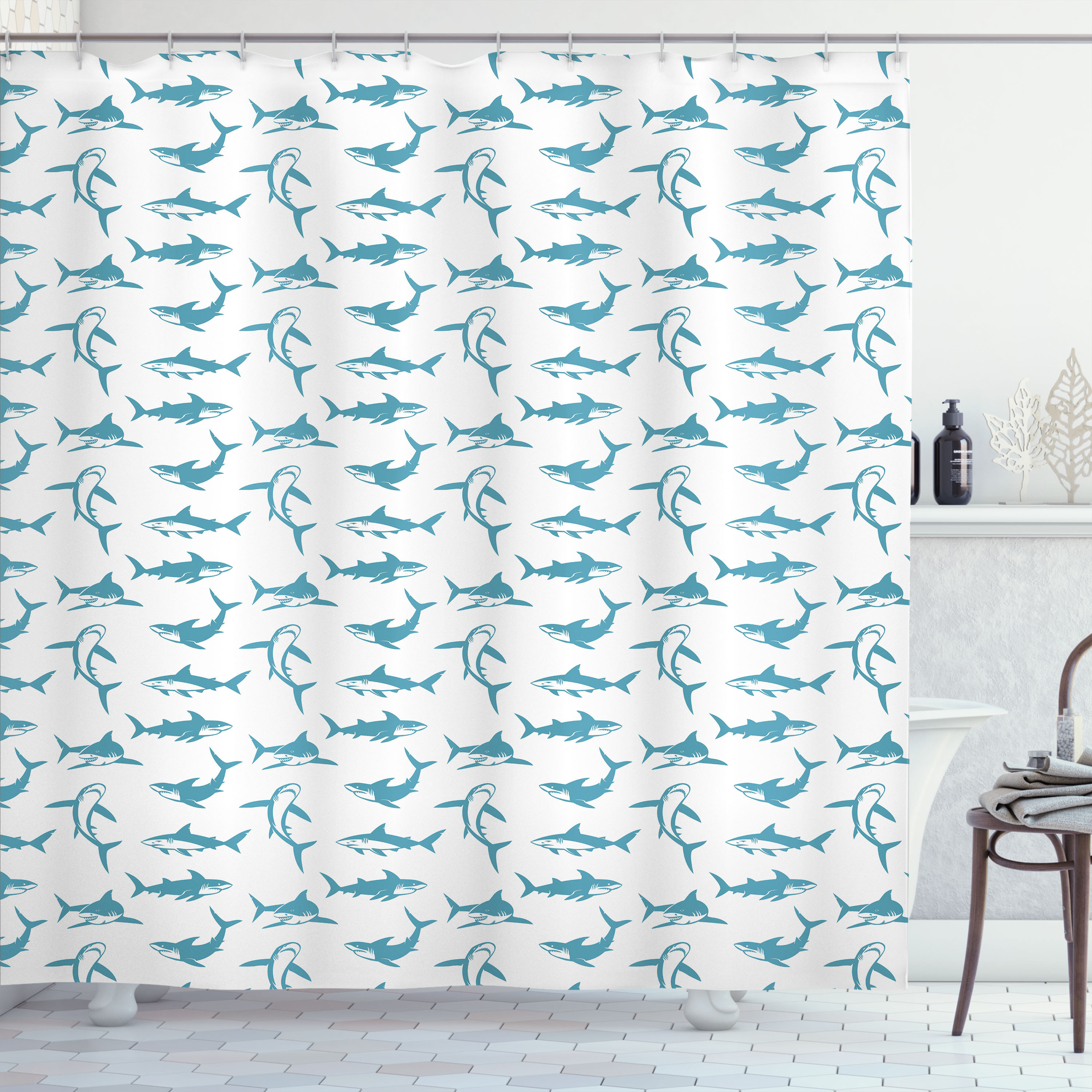 East Urban Home Shark Shower Curtain Scary Predators with Fins Blue ...