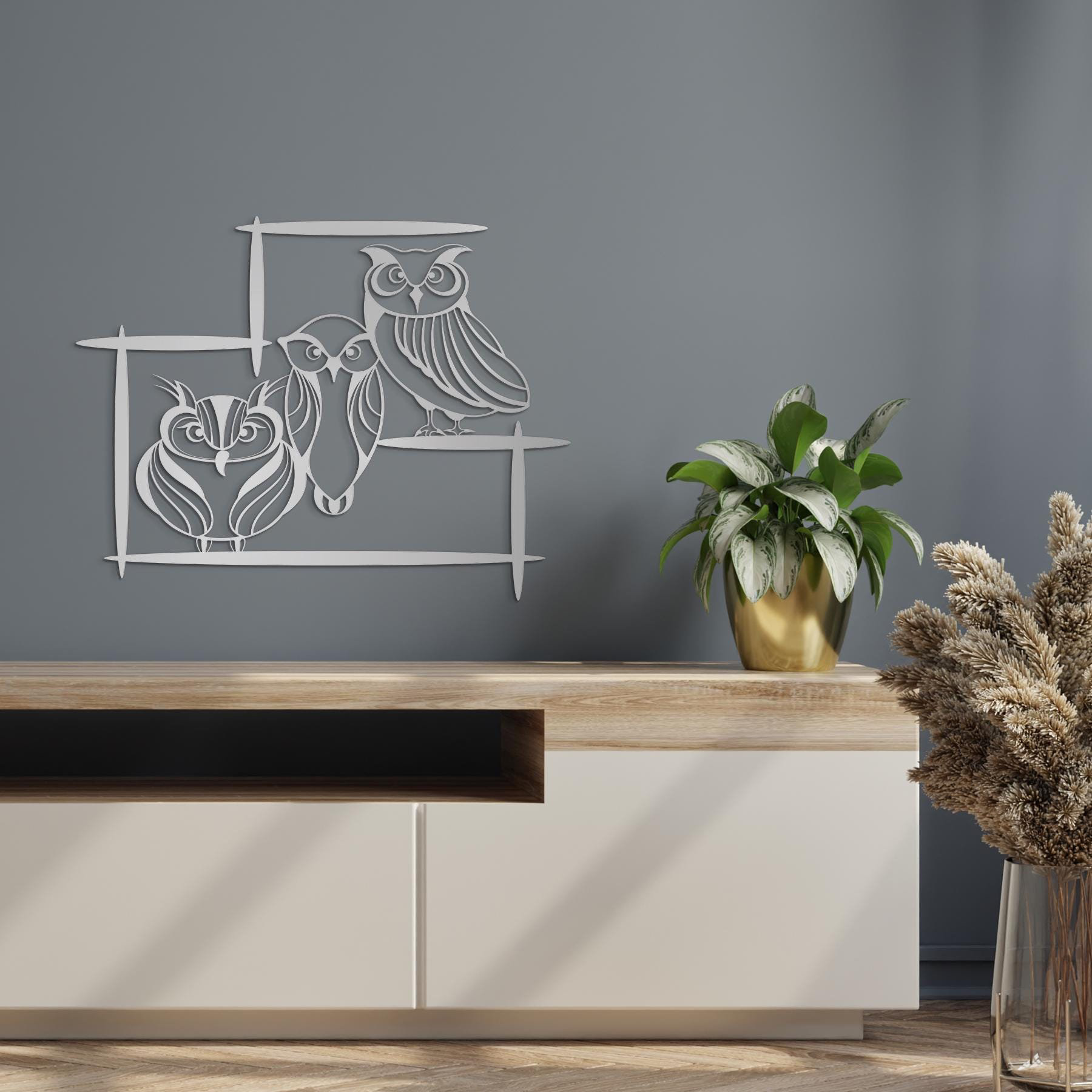 Millwood Pines Three Owls Metal Wall Art, Geometric Owl Family Decor ...