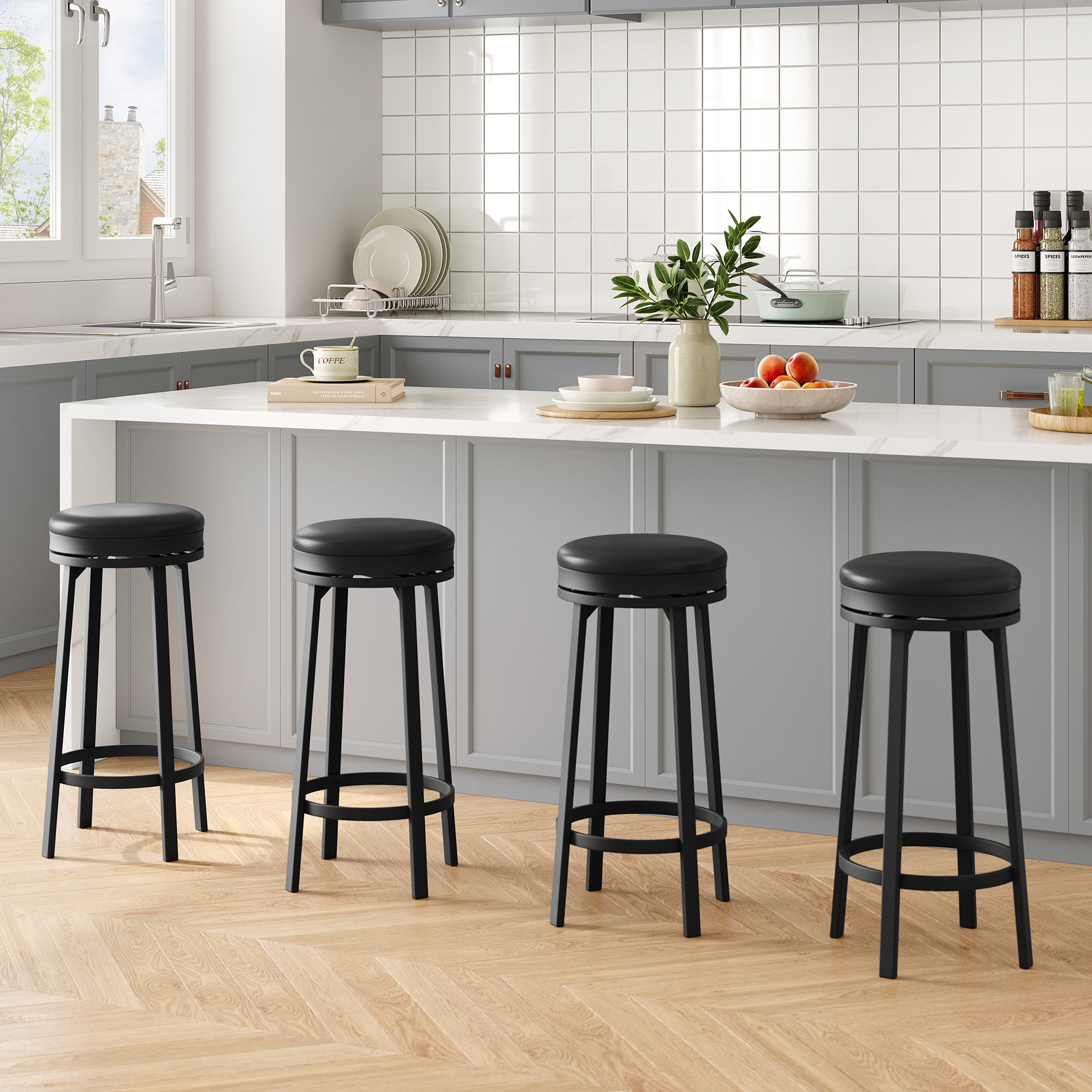 George Oliver Black/Brown Swivel Backless Bar Stools with Footrest,30.7 ...