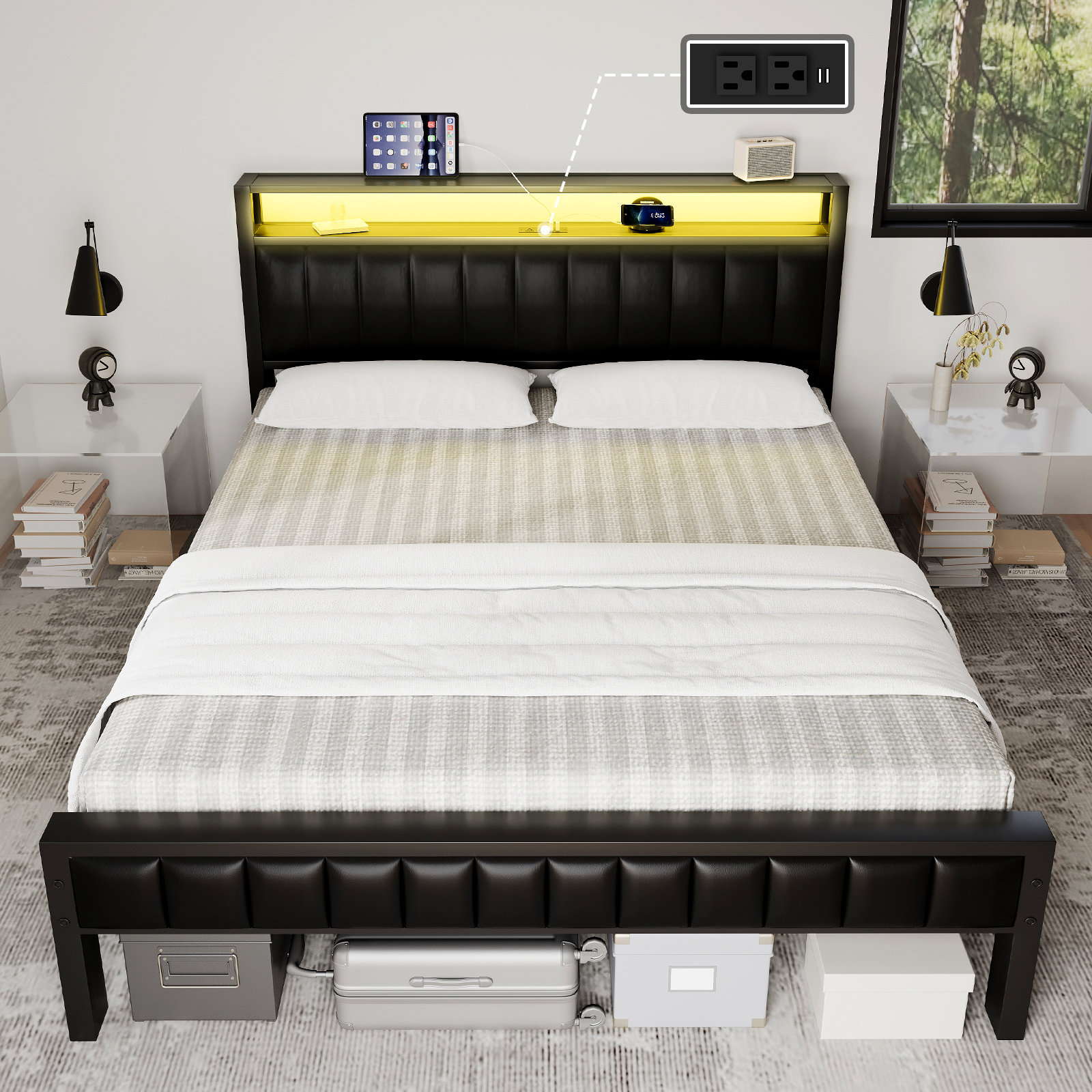 Wrought Studio™ Haja Bed Frame with 2-Tier Storage Headboard & LED ...
