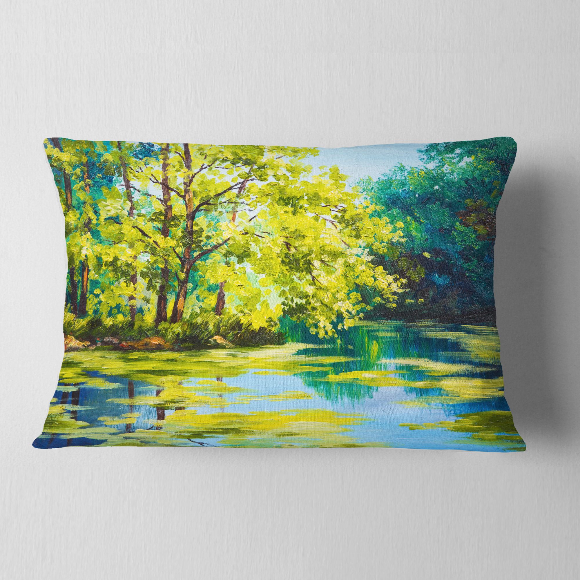 Design Art Blue Lake Under Green Tree - Landscape Printed Throw Pillow ...