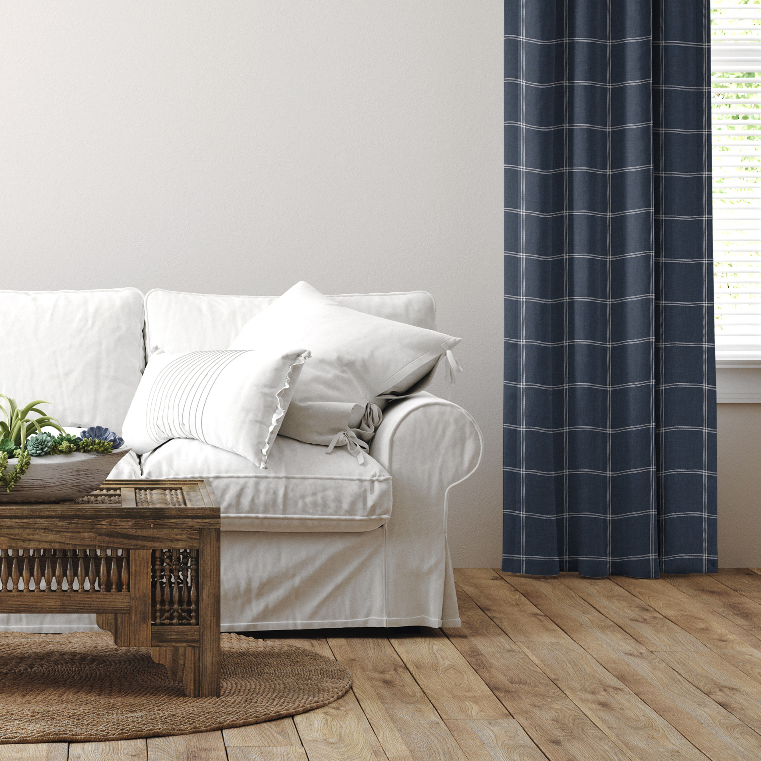 6ix Tailors Fine Linens Shay Window Pane Dark Denim Cotton Rod Pocket ...