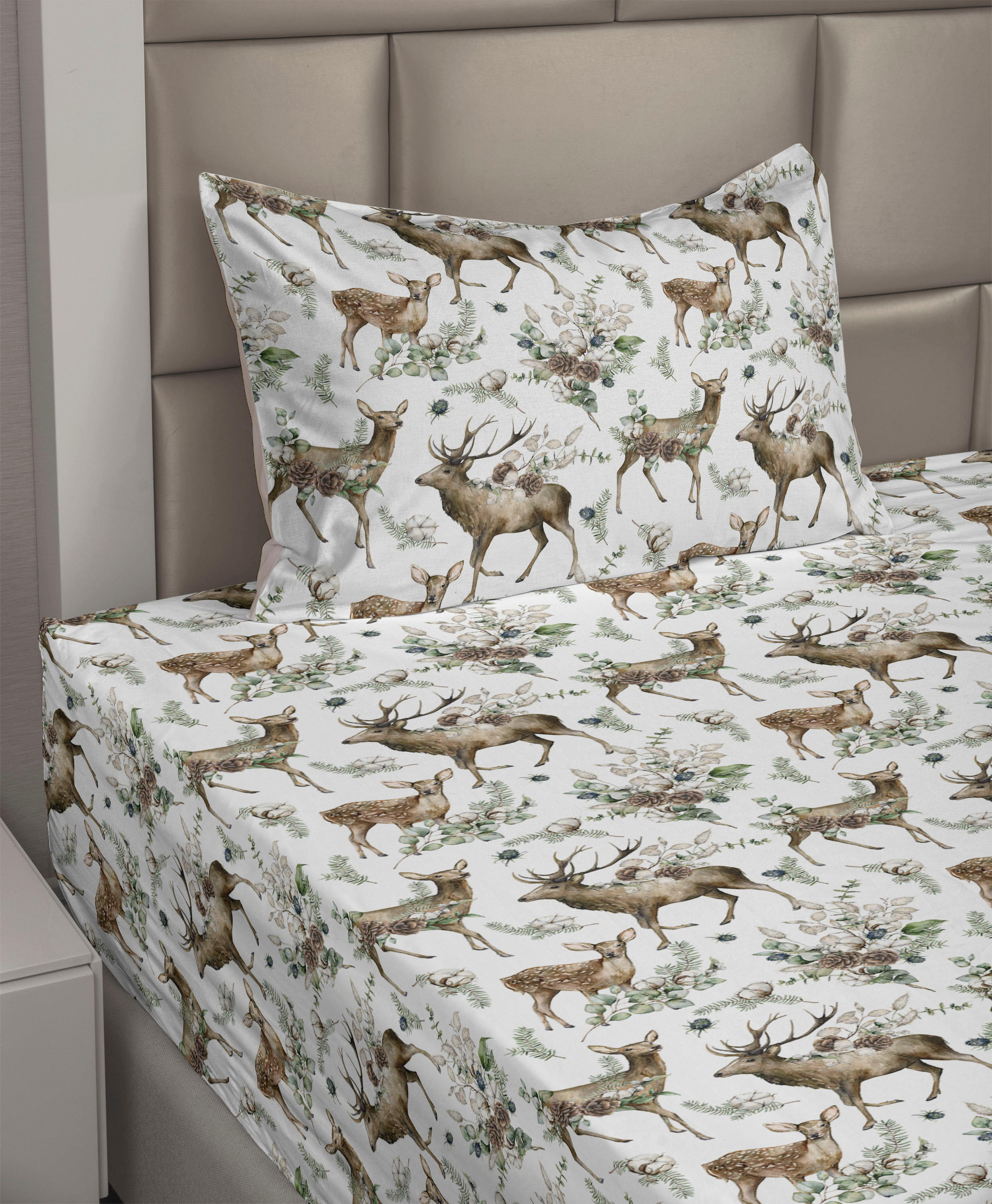 Ambesonne Woods Sheet Set Antler Reindeer Floral Spring Brown Laurel ...