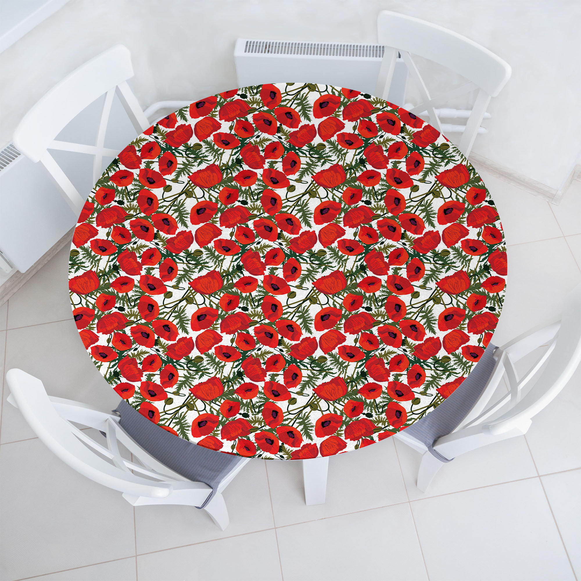 Ebern Designs Poppy Flower Fitted Round Tablecloth Diameter White Green ...