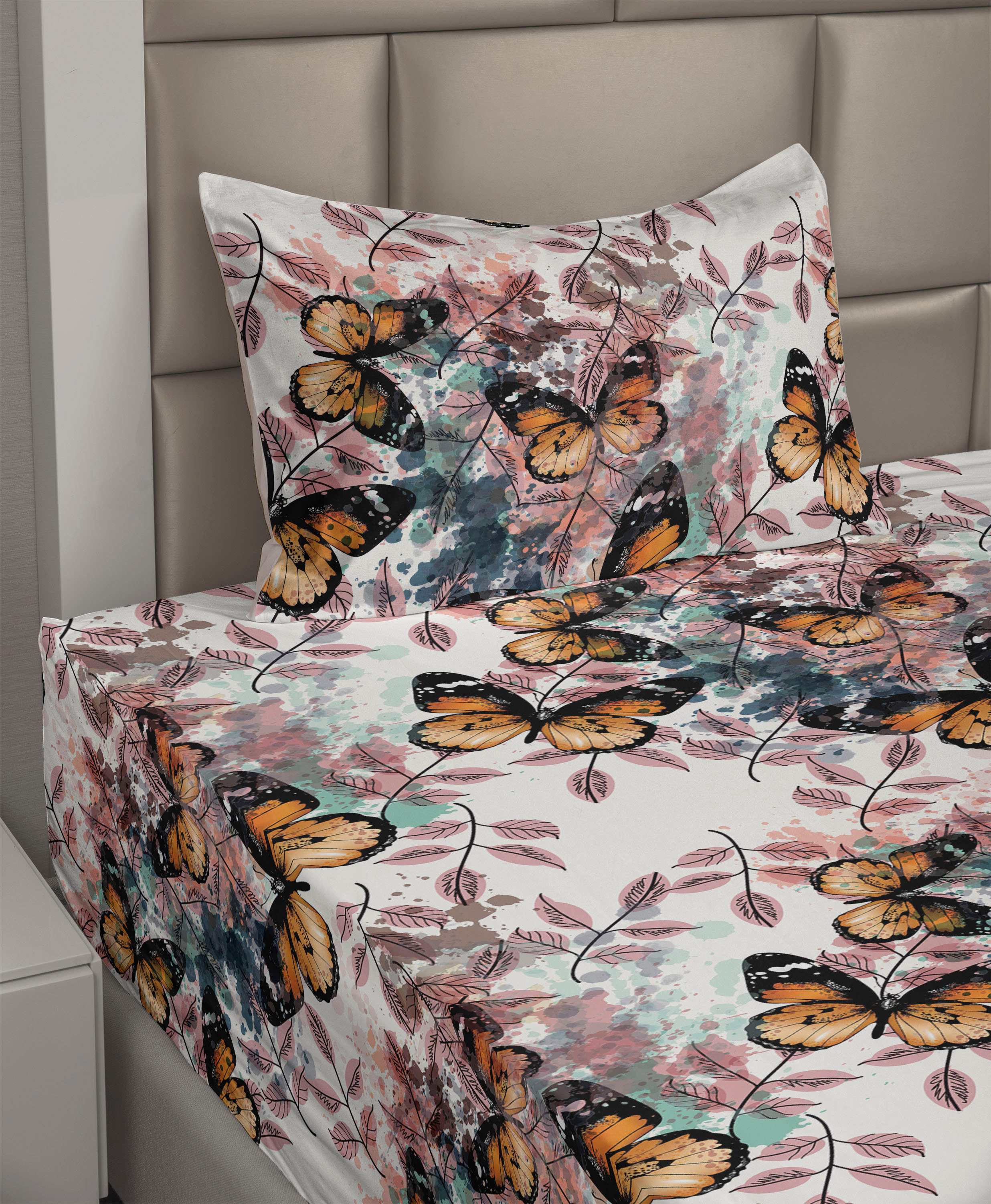 Ambesonne Butterfly Sheet Set Monarch Wings Grunge Art Rose Marigold ...