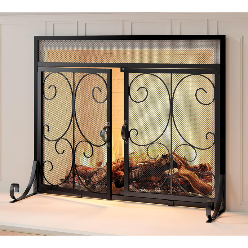 Winston Porter Flat Fireplace Screen With Doors Wrought Iron Frame With ...