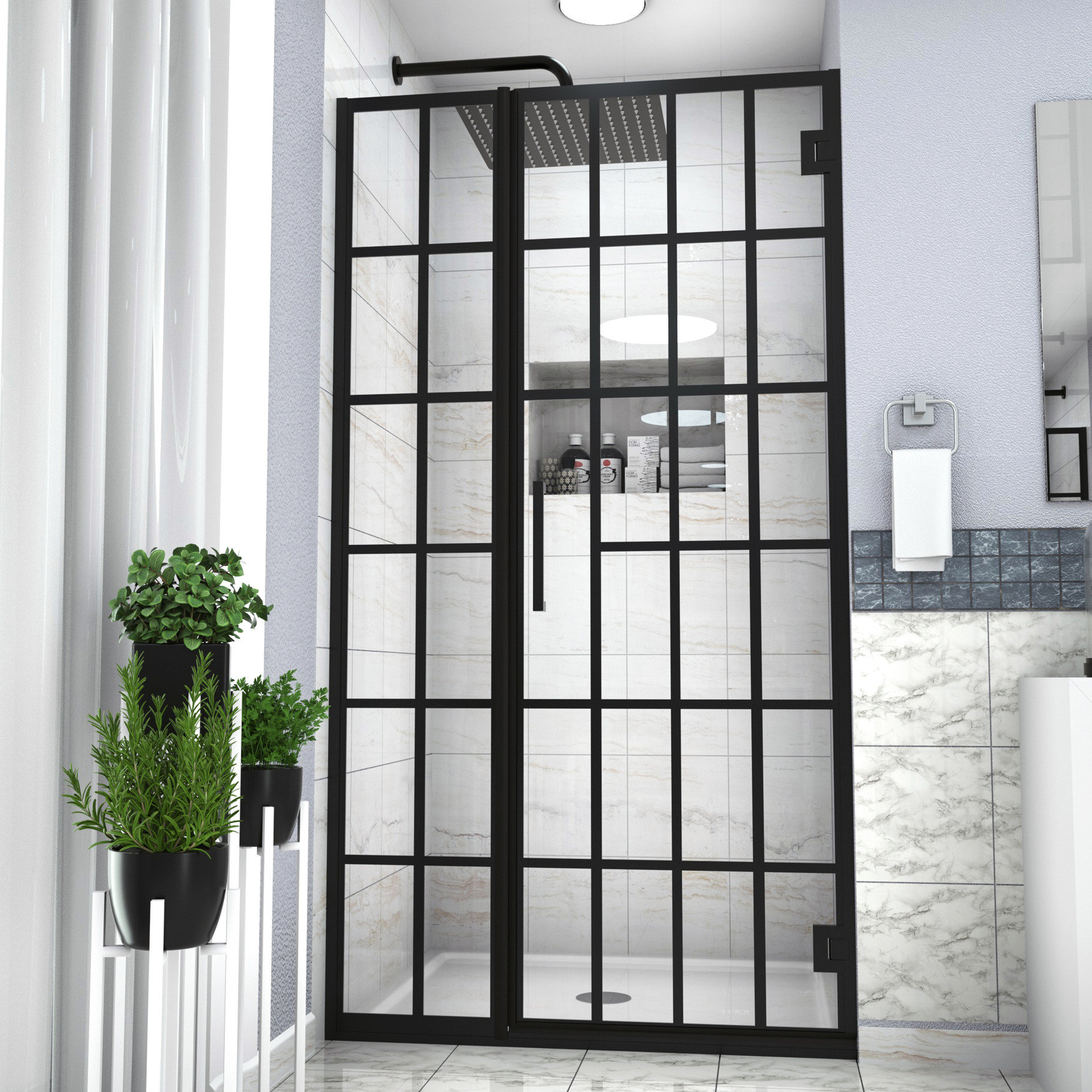 SnugglySolace 34" W X 72" H Pattern Glass Shower Door In Matte Black ...