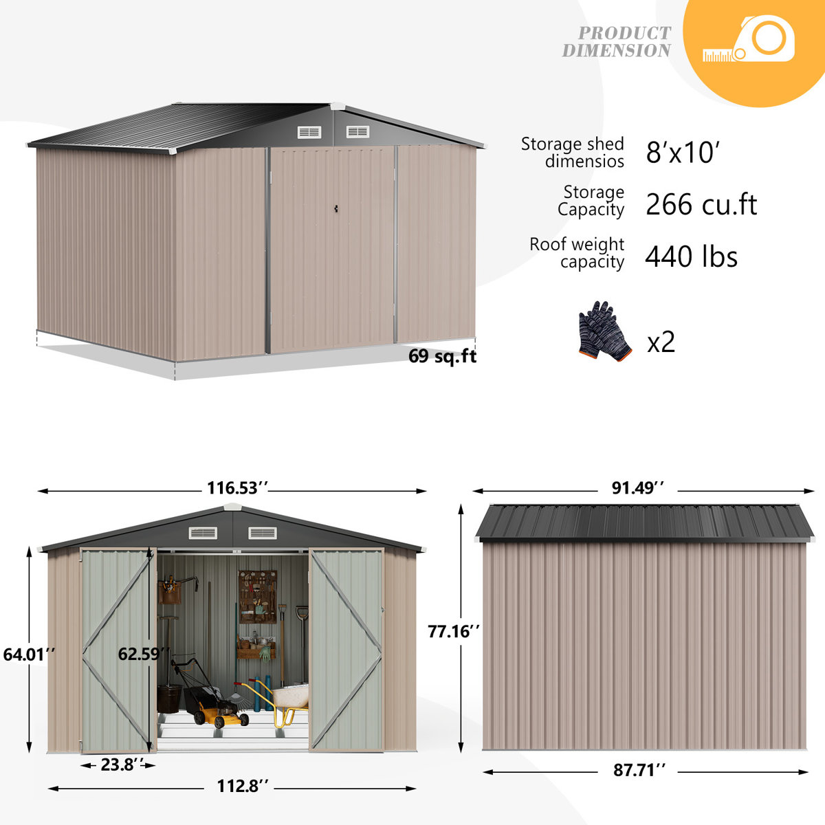 JolyDale 10 ft. W x 8 ft. D Metal Lean-to Storage Shed with Metal Frame ...