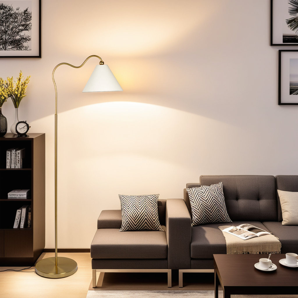 UDAMET Majestic Brass Ring Base Curved Floor Lamp – Triangle White Drum ...
