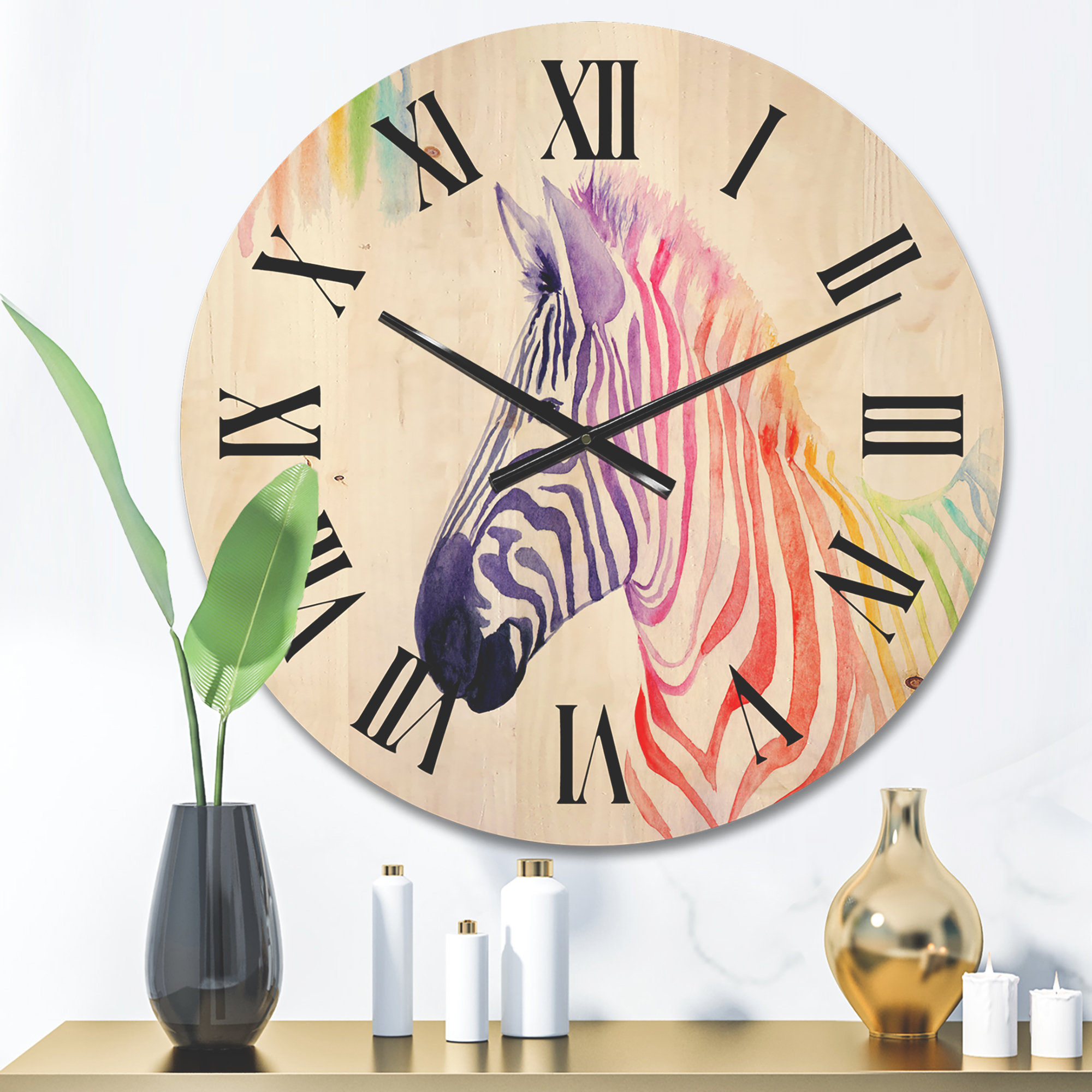 East Urban Home Portrait of Rainbow Zebra Wood Wall Clock | Wayfair